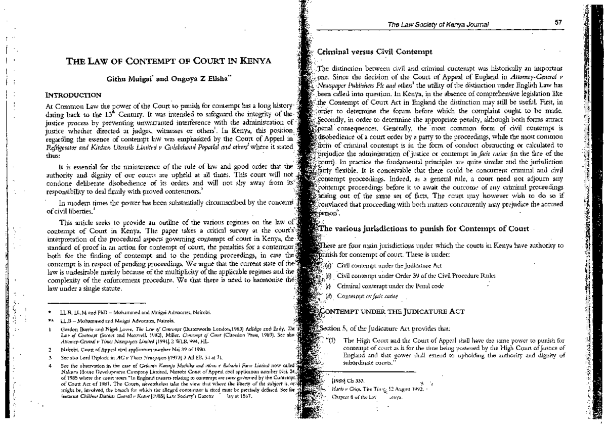 The Law of Contempt of Court in Kenya - Criminal Law - Studocu