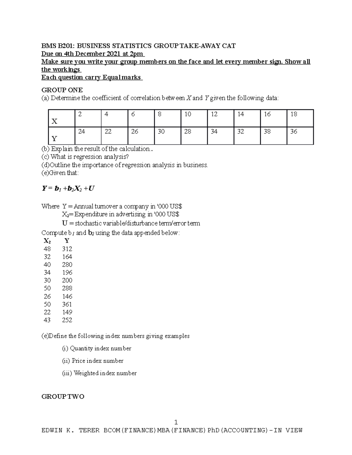 BMS B201 Business Statistics Group TAKE-AWAY CAT - BMS B201: BUSINESS ...