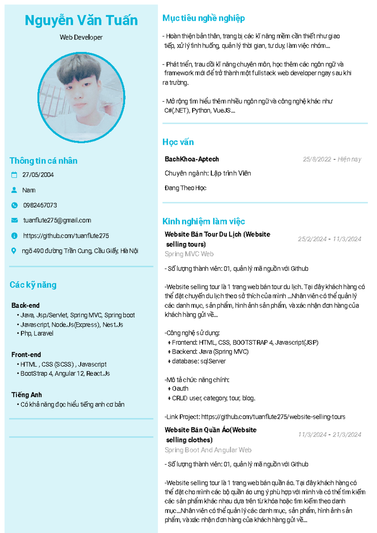 Nguyen Van Tuan Java CV - Nguyễn Văn Tuấn Web Developer Thông tin cá nhân 27/05/ Nam - Studocu