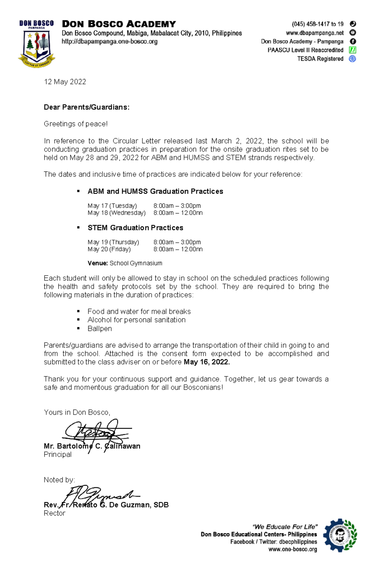 Graduation- Practices- Letter - 12 May 2022 Dear Parents/Guardians ...