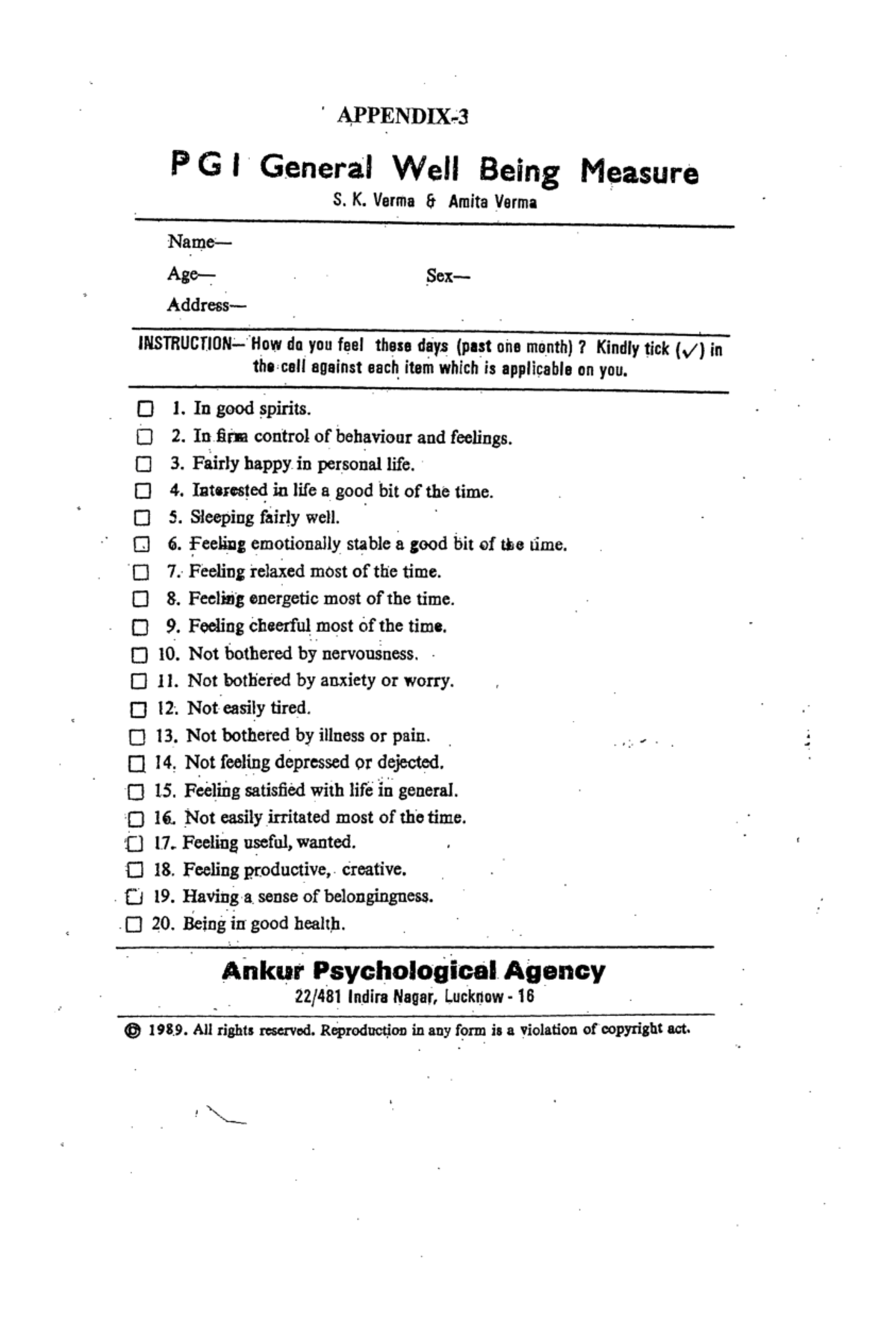 PGI Psychological general wellbeing Questionnaire - APPENDIX- P G I General Well Being Measure S ...