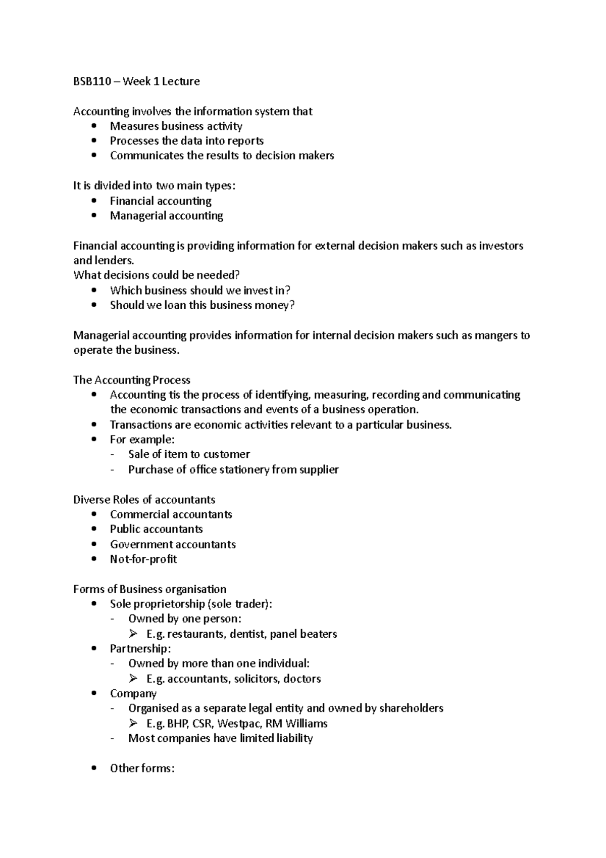 Week 1 Lecture - BSB110 – Week 1 Lecture Accounting involves the ...