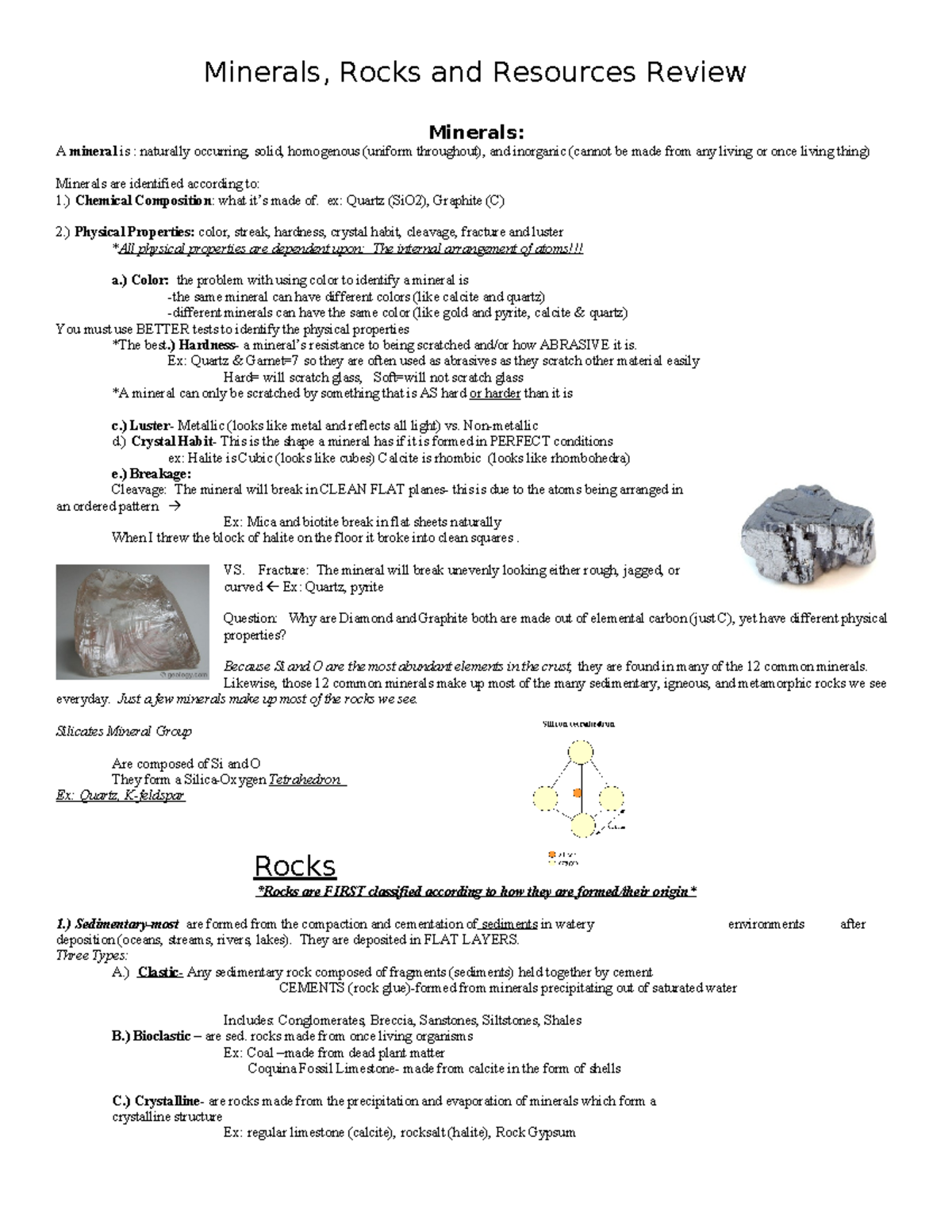 Rocks and Minerals Review Guide - Minerals, Rocks and Resources Review ...