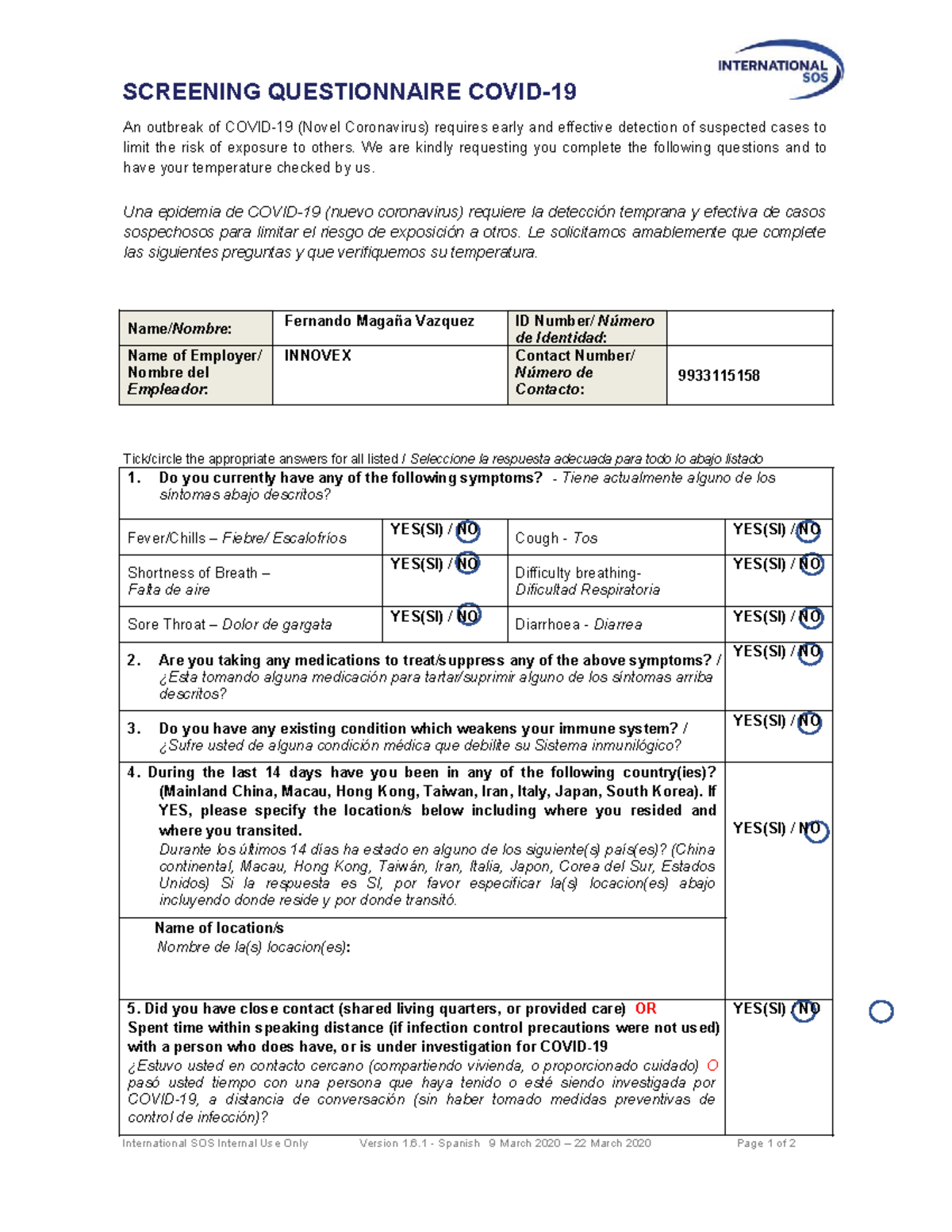 Cuestionaro Covid 19-OPEX Fernando - SCREENING QUESTIONNAIRE COVID- An ...