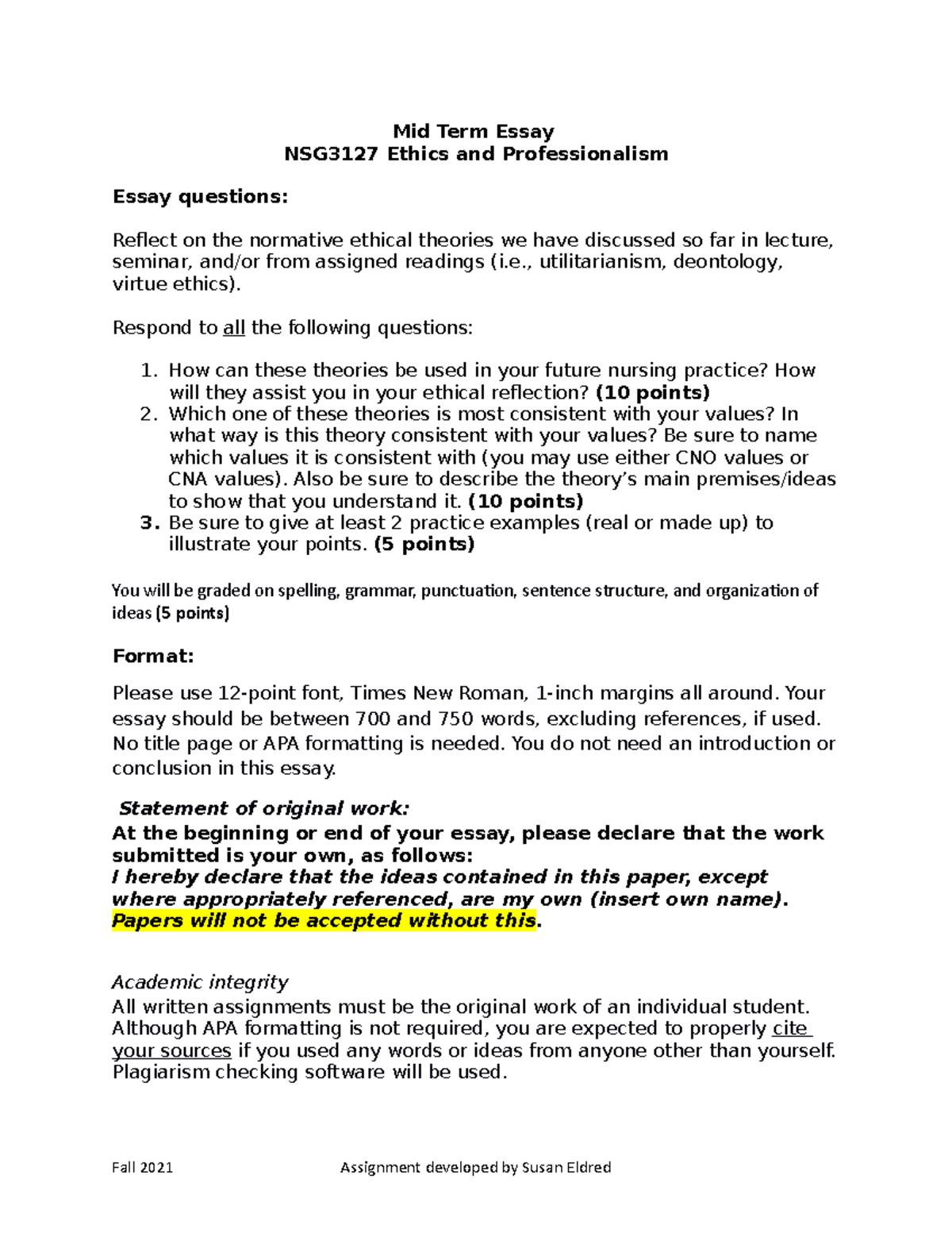 Mid term essay - Mid Term Essay NSG3127 Ethics and Professionalism ...