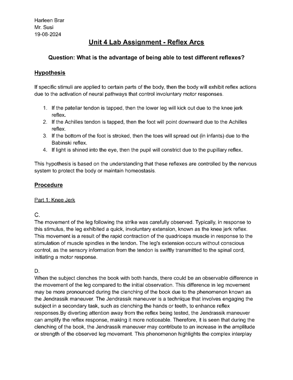 SBI4U – Unit 4 Lab Assignment – Reflex Arcs - Harleen Brar Mr. Susi Unit 4 Lab Assignment Reflex ...