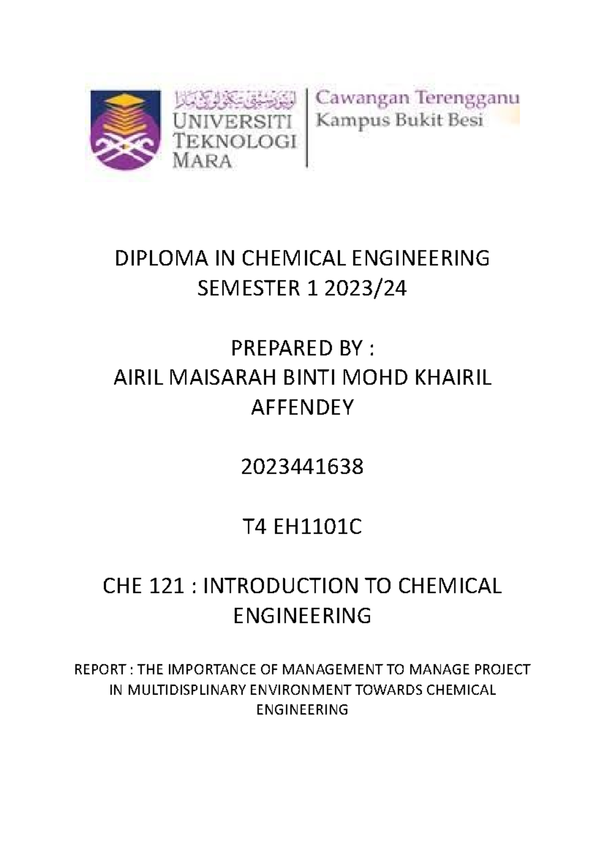 assignment of Chemical Engineering - DIPLOMA IN CHEMICAL ENGINEERING ...