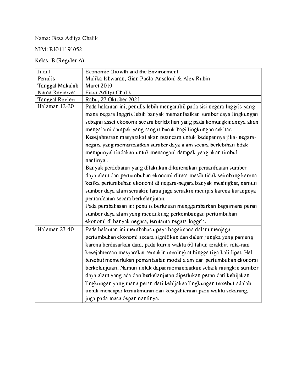 Review Buku Economic Growth and the Environment - Nama: Firza Aditya ...