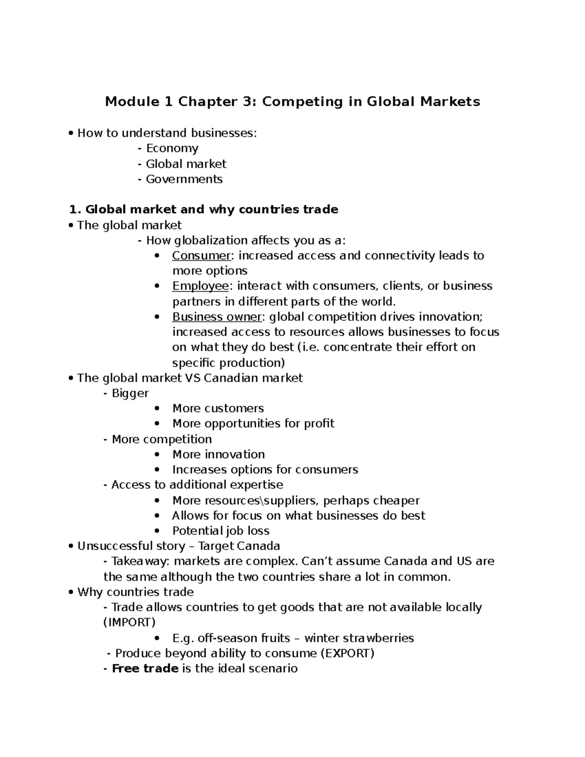 AFM 131 notes - Module 1 Chapter 3: Competing in Global Markets How to ...