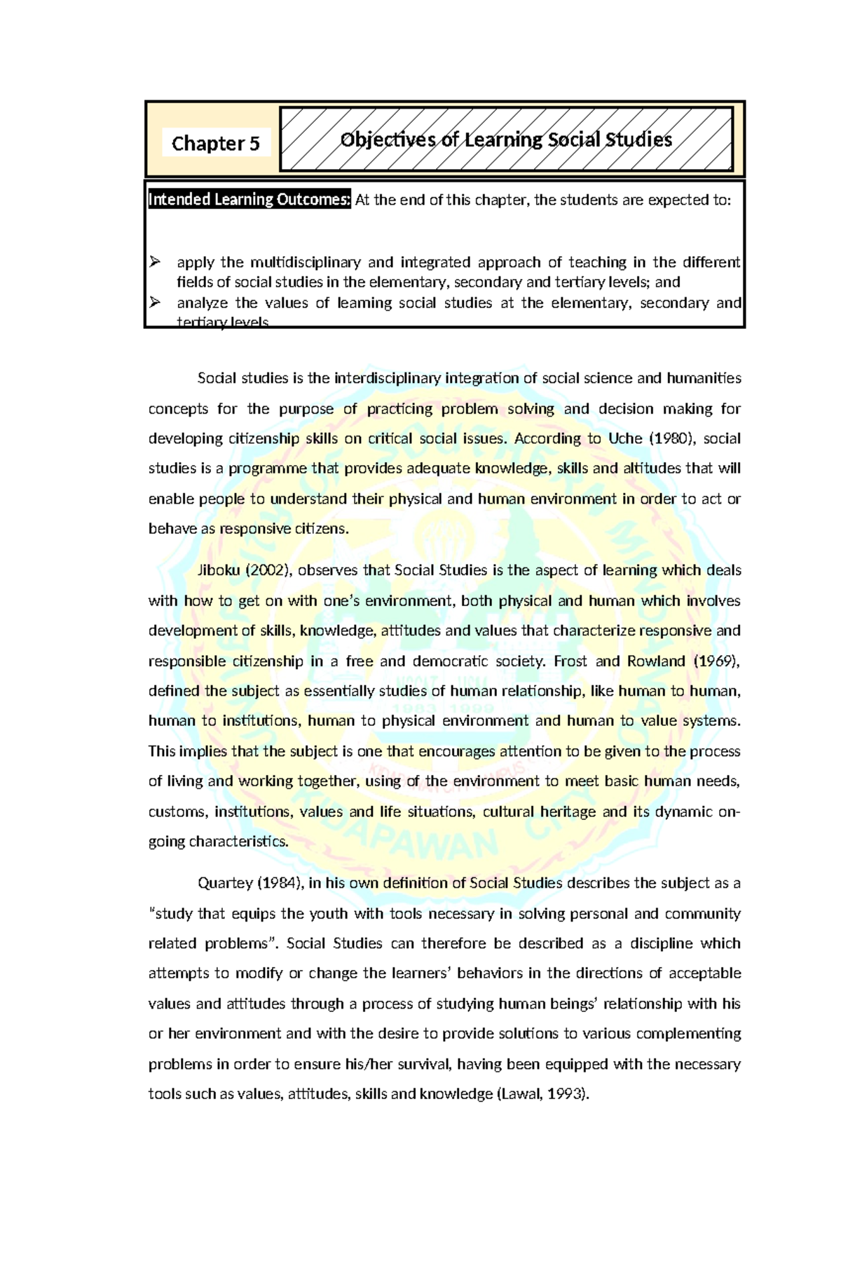 SEd SSt-01-Chapter-5-6 - a Intended Learning Outcomes: At the end of this chapter, the students ...