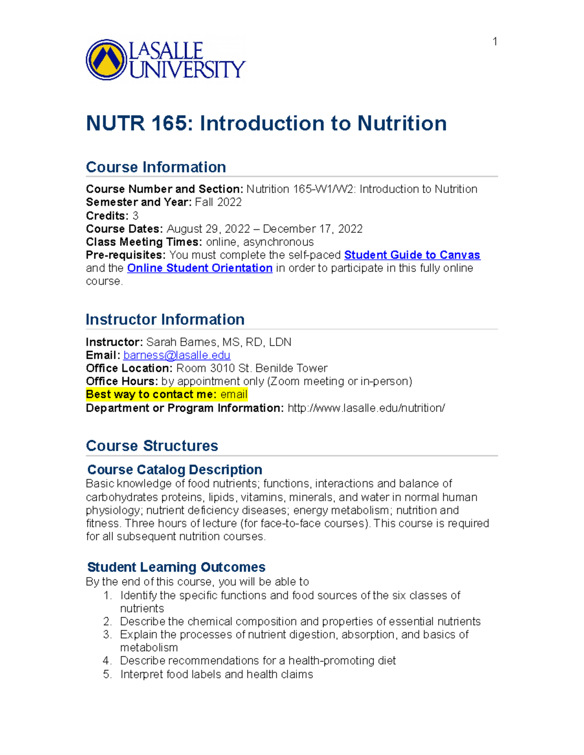 NUTR 165 Syllabus - Fall 2022 Final - NUTR 165: Introduction to ...