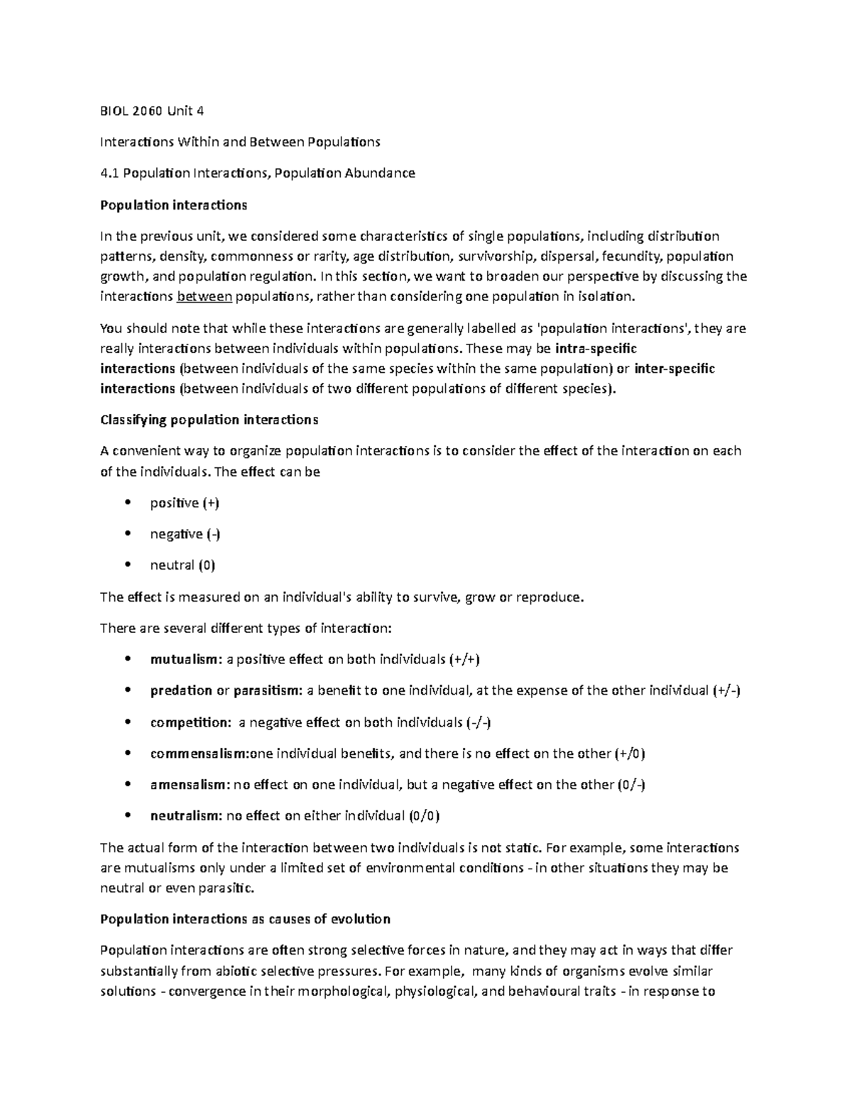 BIOL 2060 Unit 4 Notes - BIOL 2060 Unit 4 Interactions Within and ...