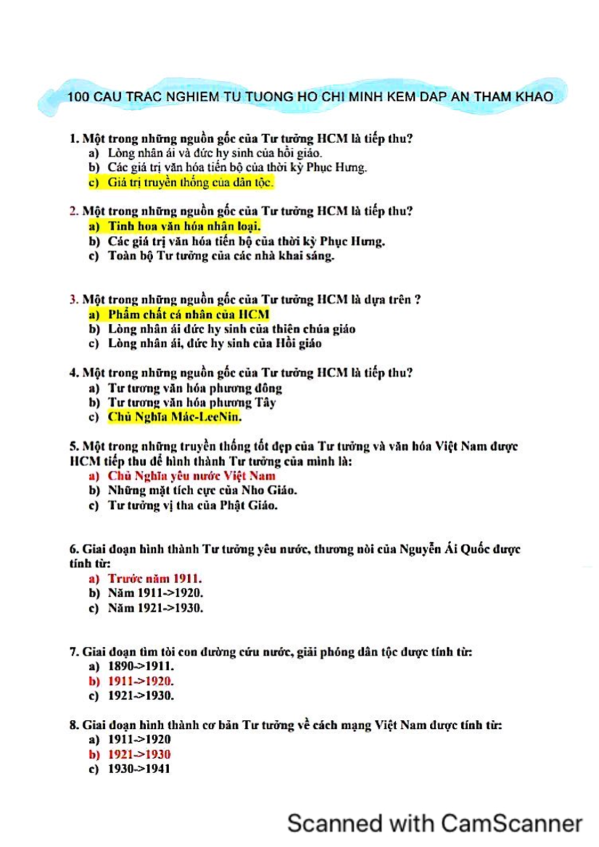 100 câu hỏi TT HCM - TTHCM - 100 CAU TRAC NGHIEM TU TUONG HO CHI MINH KEM DAP AN THAM KHAO 1 ...