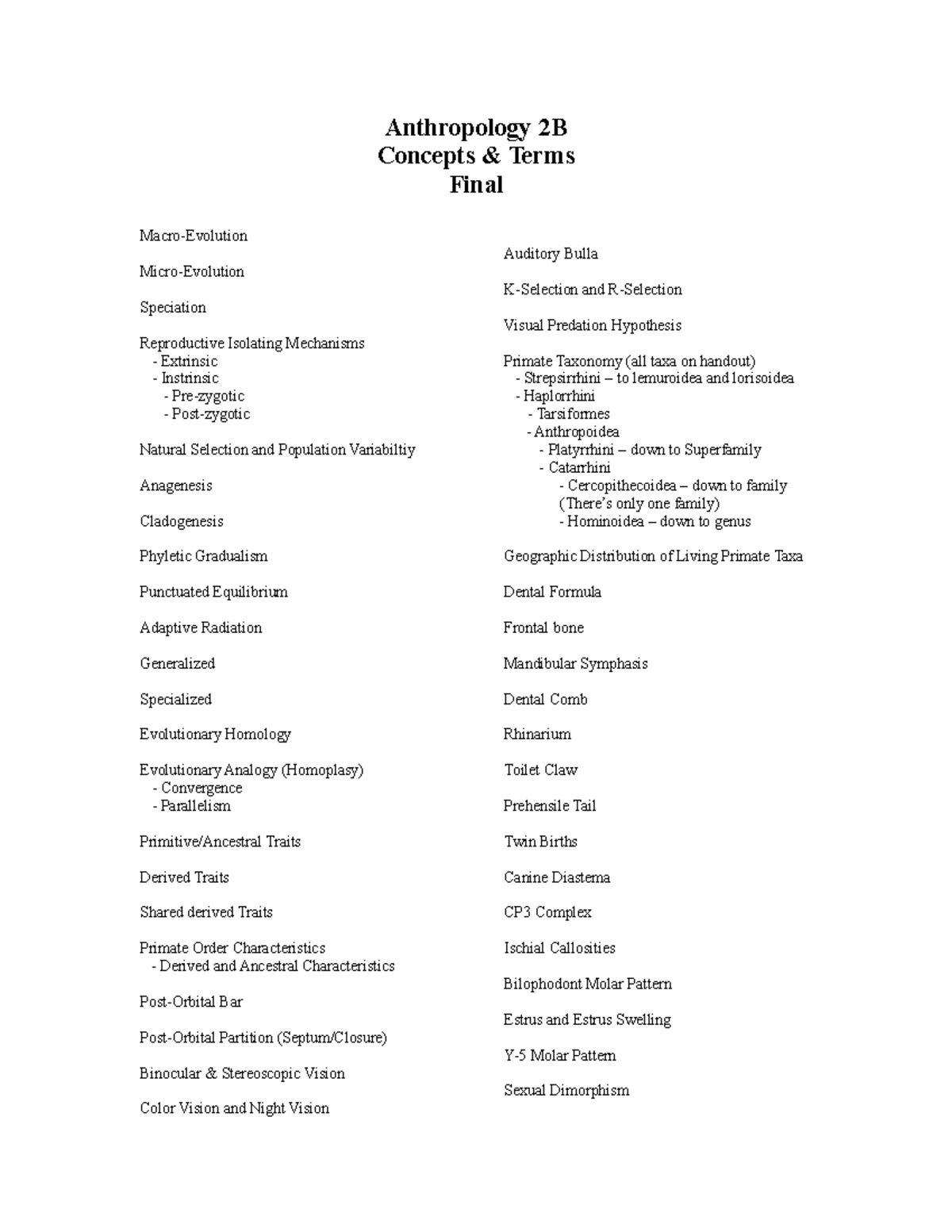 Bio Anth Study Guide Final W 20 - Anthropology 2B Concepts & Terms ...