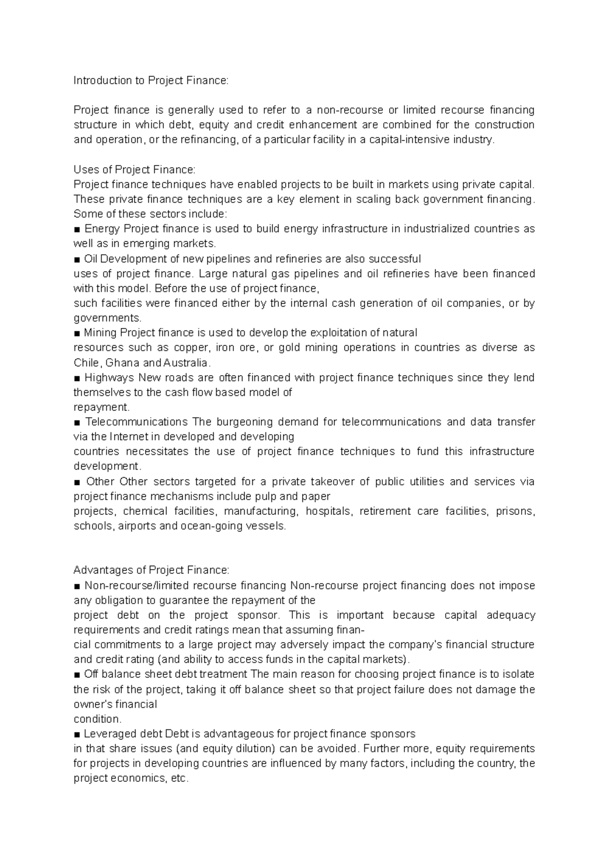 Project Finance Notes - Introduction to Project Finance: Project ...