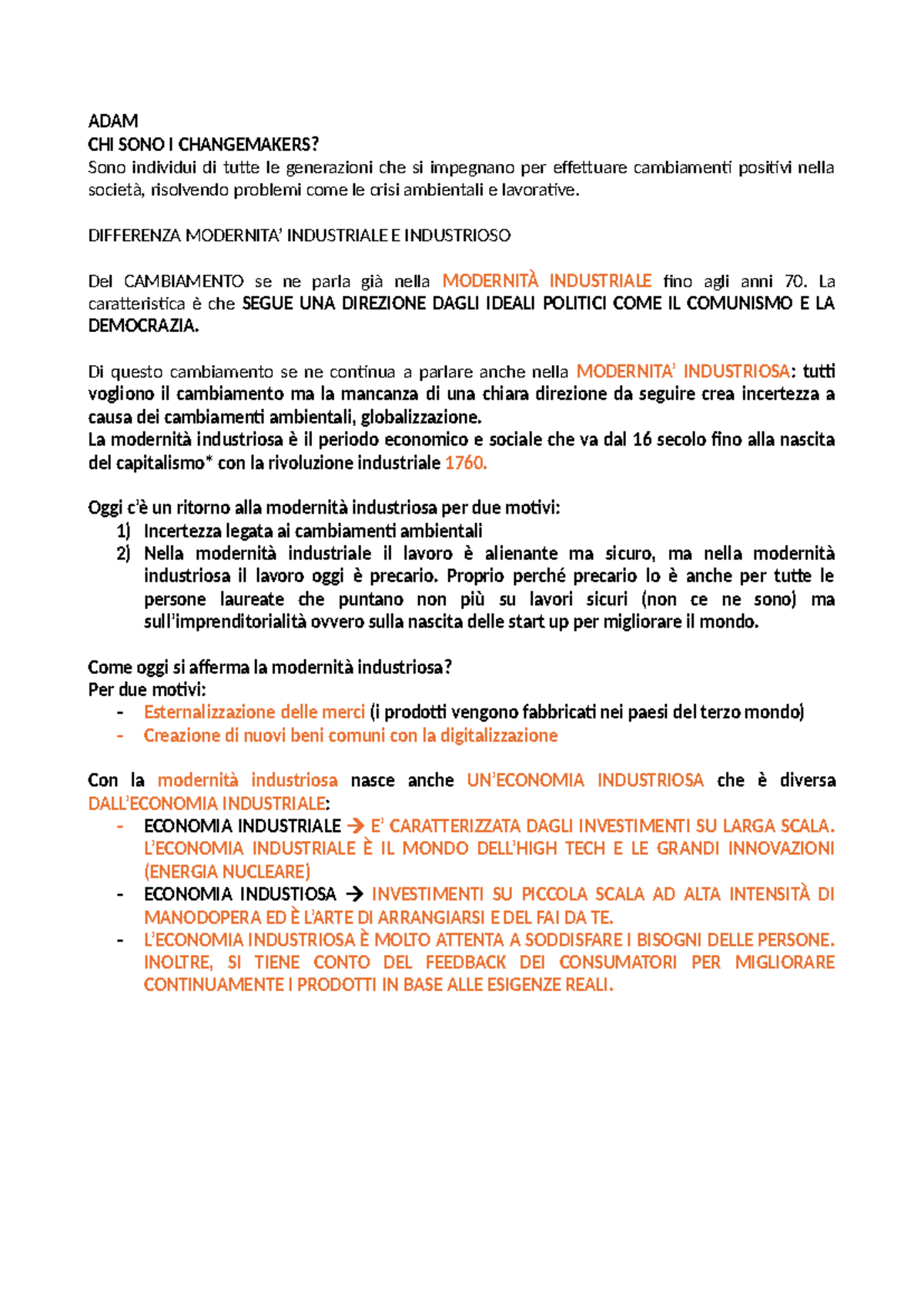 ADAM - riassunto testi adam - ADAM CHI SONO I CHANGEMAKERS? Sono ...