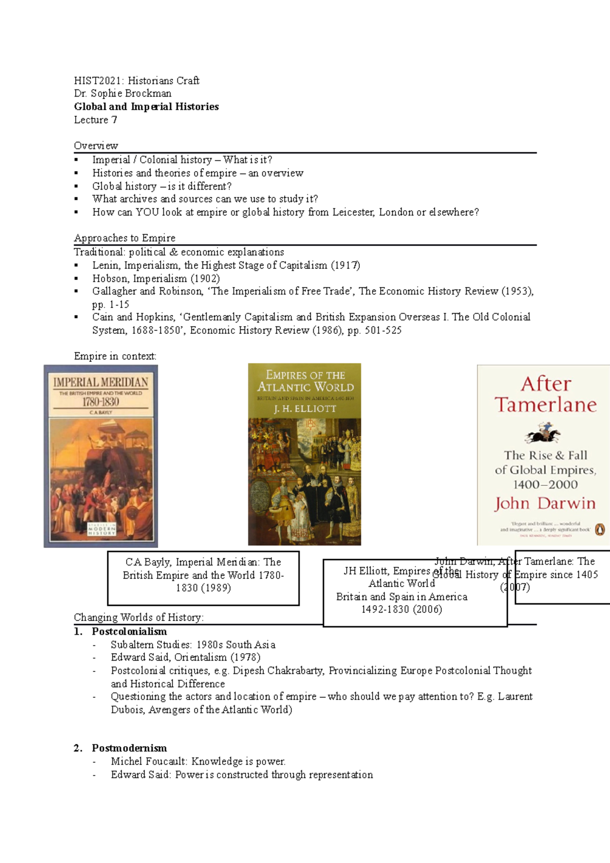 Historians Craft Lecture 7 - Global and Imperial Histories - HIST2021 ...