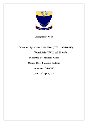 DBS Open Ended Lab exam paper - HITEC University, Taxila Department of Computer Science BS ...