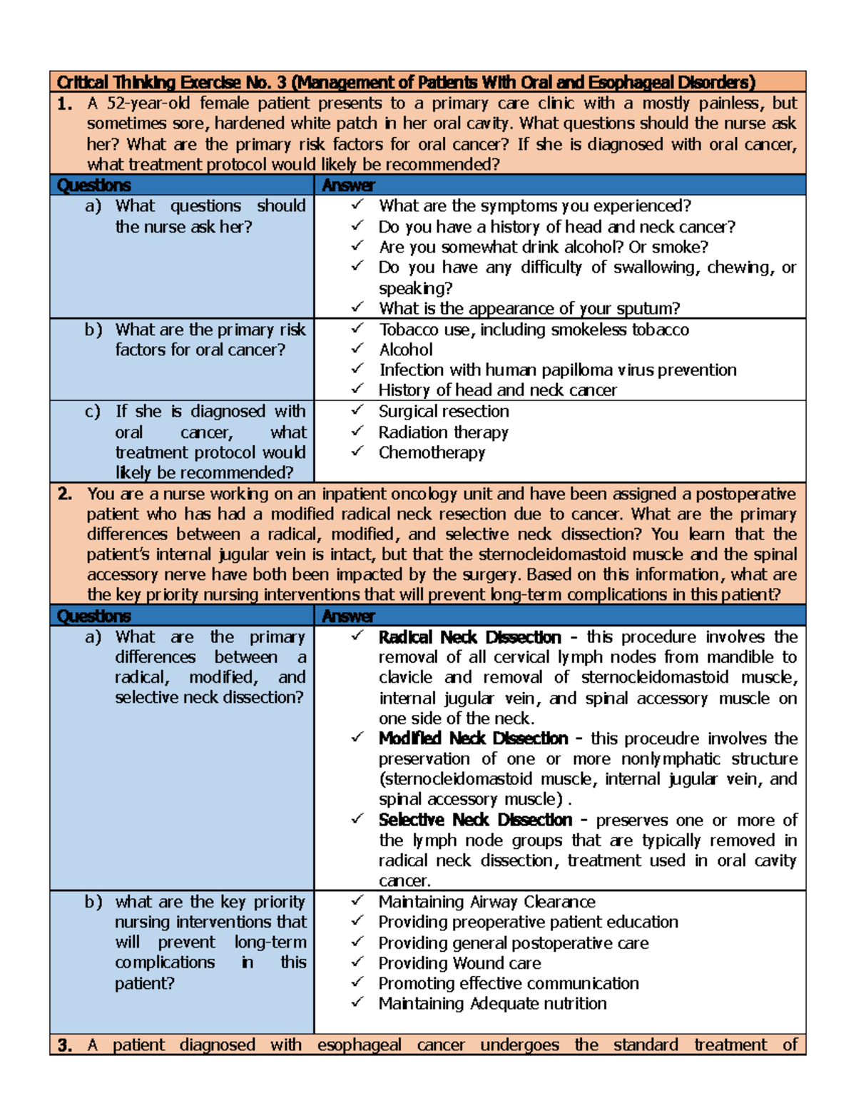 Critical Thinking Exercises - 3 (Management of Patients With Oral and ...
