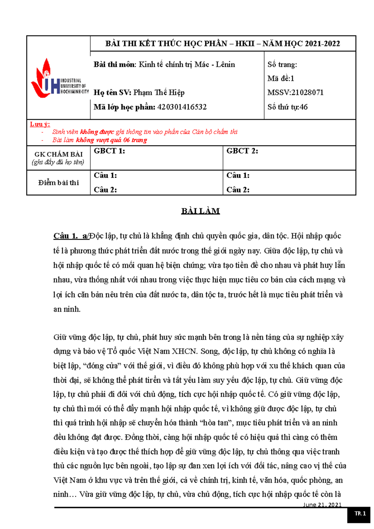 MẪU GIẤY LÀM BÀI THI CKII (21-22) - BÀI THI KẾT THÚC HỌC PHẦN – HKII ...