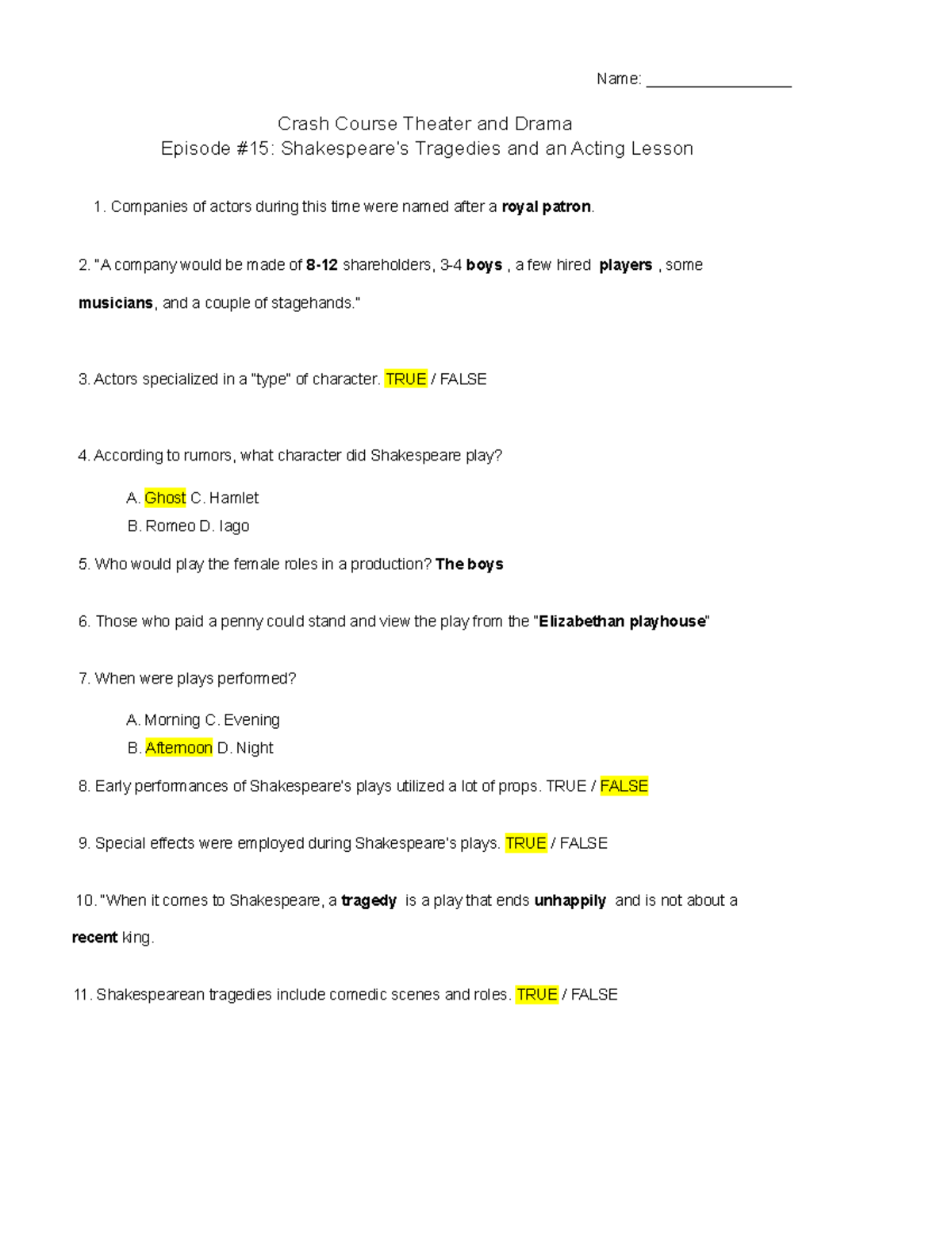 Crash Course Theater Episode #15 - Name: _________________ Crash Course ...