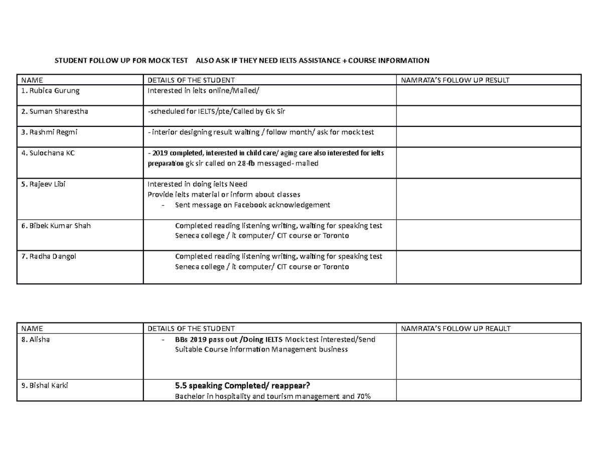 Student Follow UP FOR MOCK TEST ALSO ASK IF THEY NEED Ielts Assistance ...