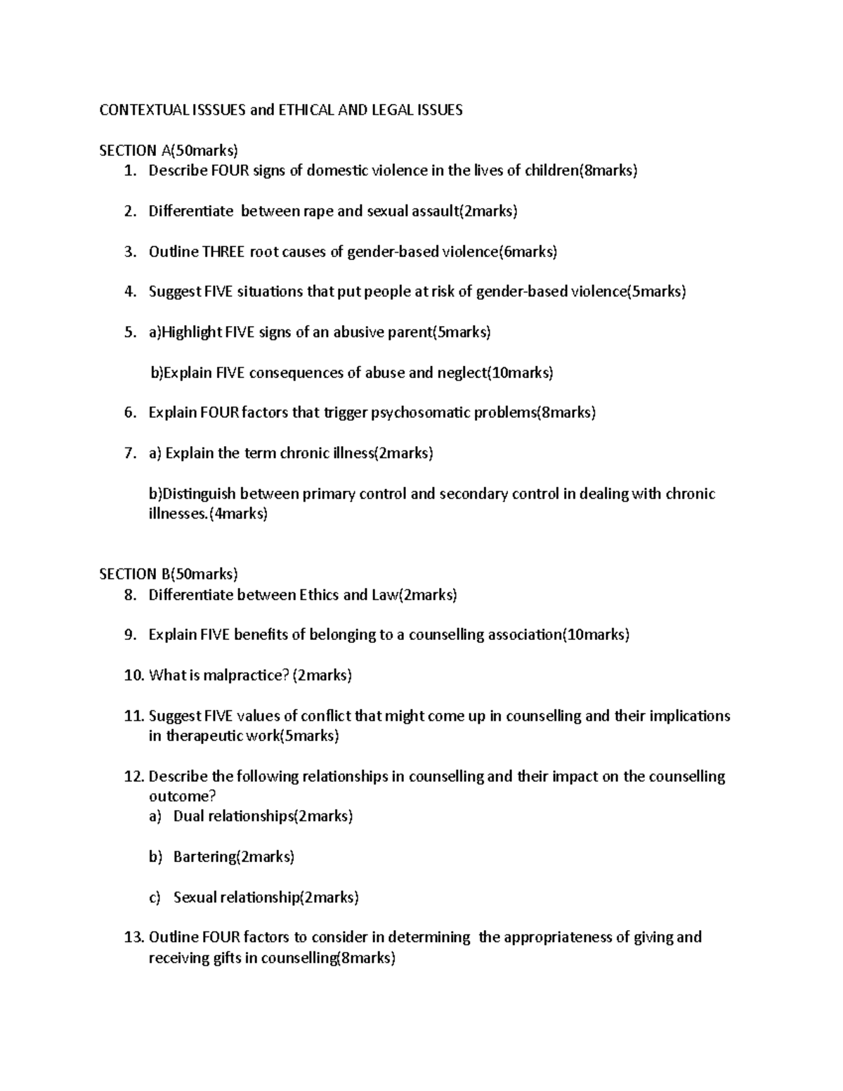 Ethical AND Legal Issues Revision Questions - CONTEXTUAL ISSSUES and ...