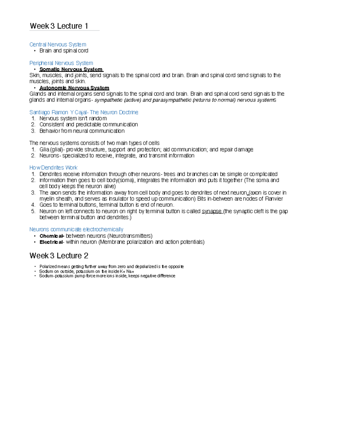 Psychology 3 - Week 3 notes - Week 3 Lecture 1 Central Nervous System ...