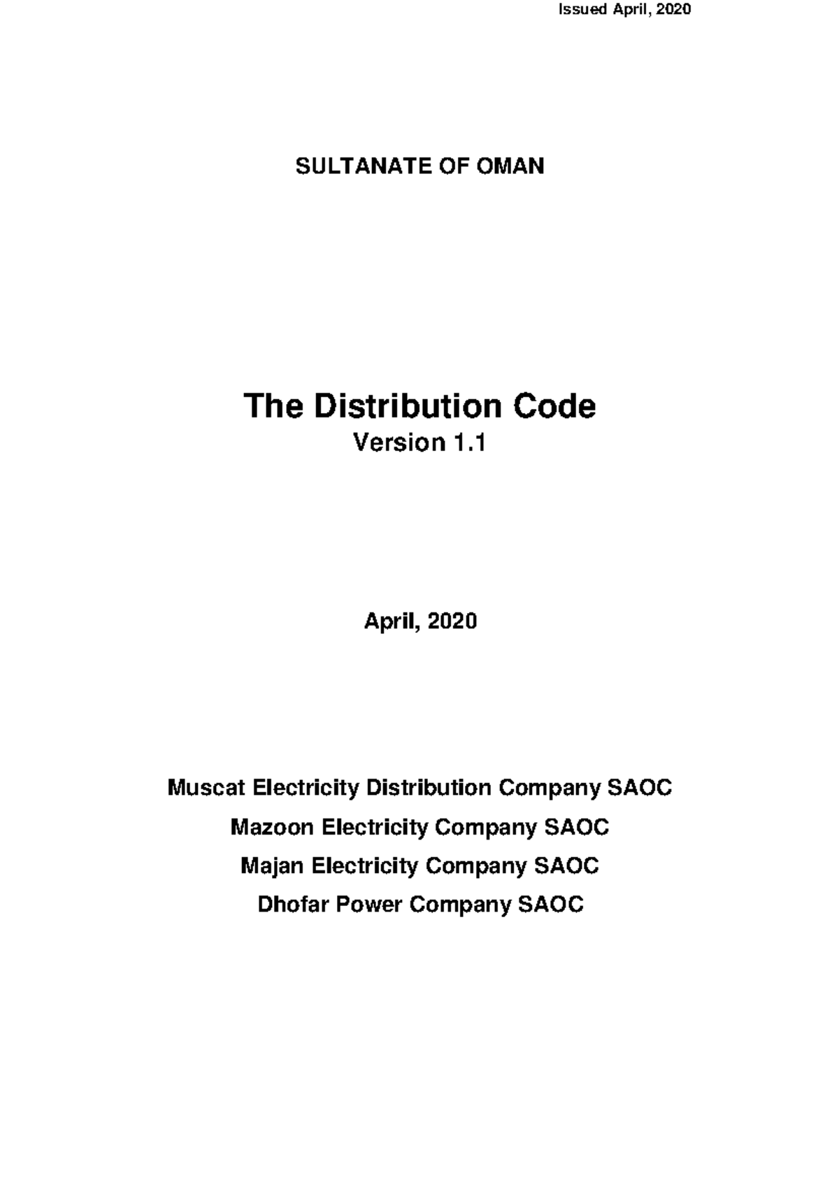 The Distribution Code - SULTANATE OF OMAN The Distribution Code Version ...