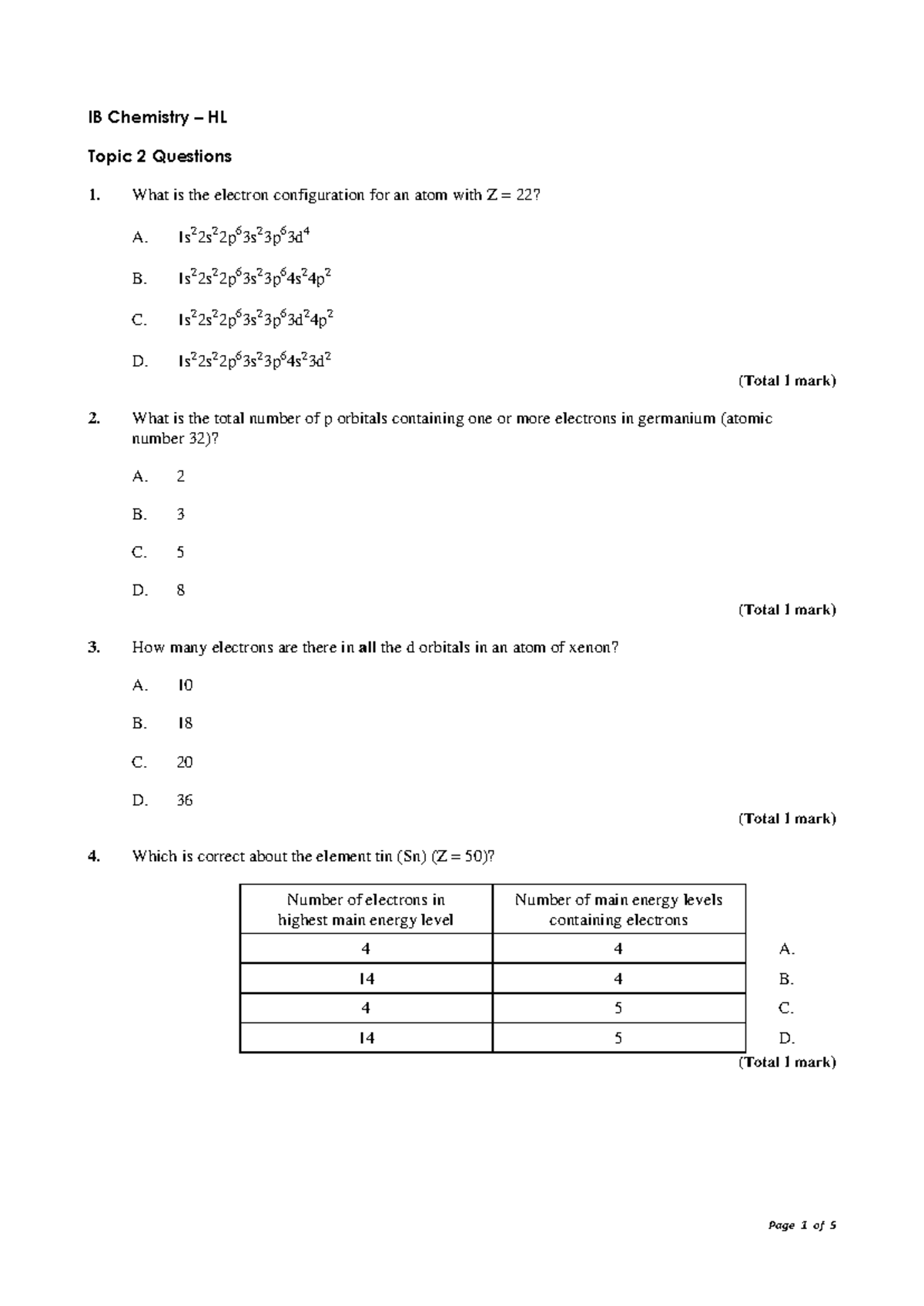 Nuclear Atom Worksheet SL - IB Chemistry – HL Topic 2 Questions What is the electron ...