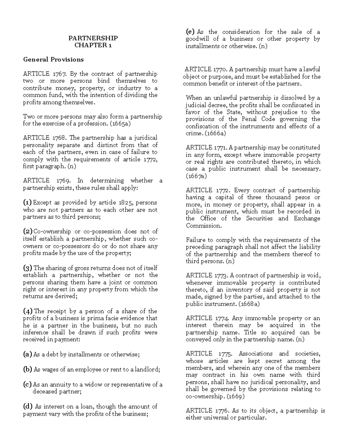 Partnership - PARTNERSHIP CHAPTER 1 General Provisions ARTICLE 1767. By ...