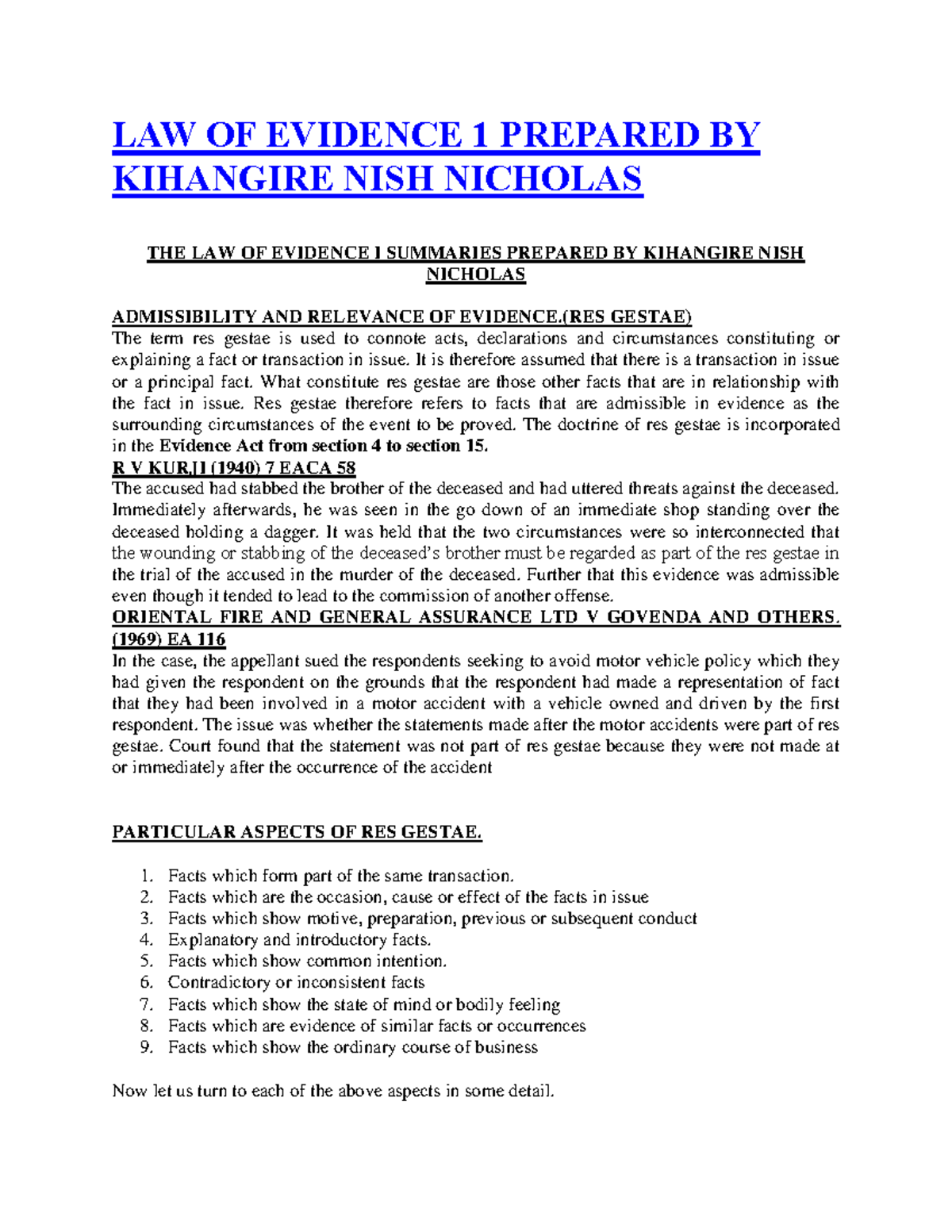 BEST Evidence LAW 1 Notes - LAW OF EVIDENCE 1 PREPARED BY KIHANGIRE ...