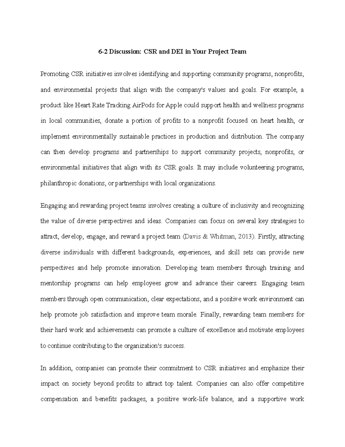 6-2 Discussion CSR and DEI in Your Project Team - 6-2 Discussion: CSR ...