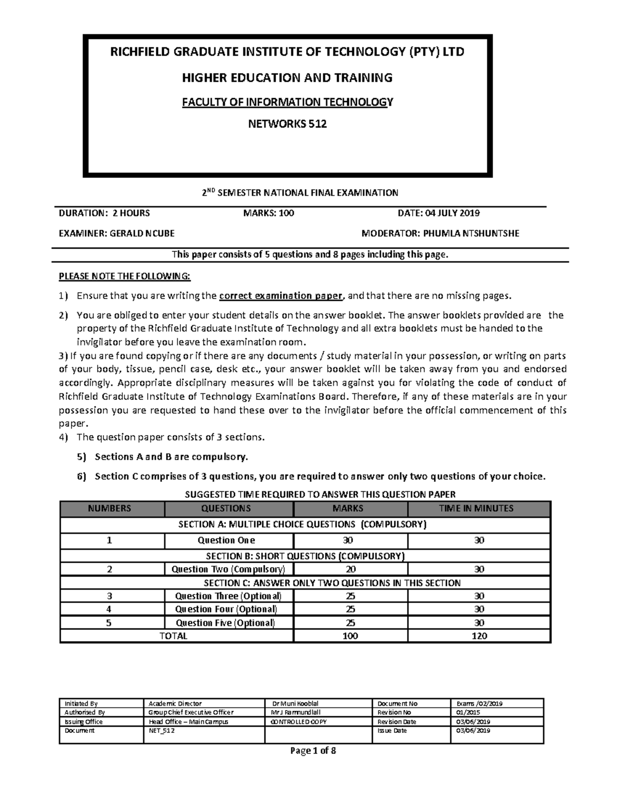 NET 512 - Past paper - Initiated By Academic Director Dr Muni Kooblal ...