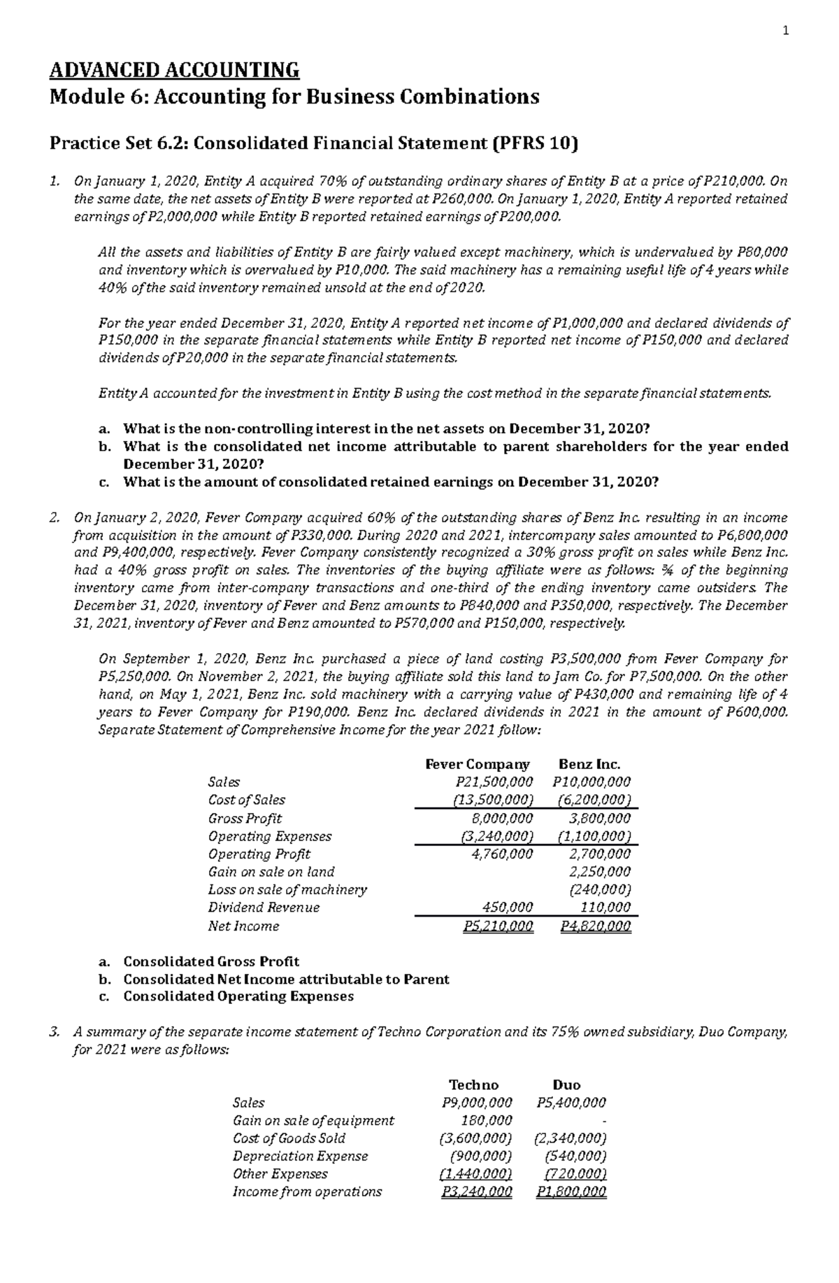 Conso FS Part 1 Practice Set - 1 ADVANCED ACCOUNTING Module 6 ...