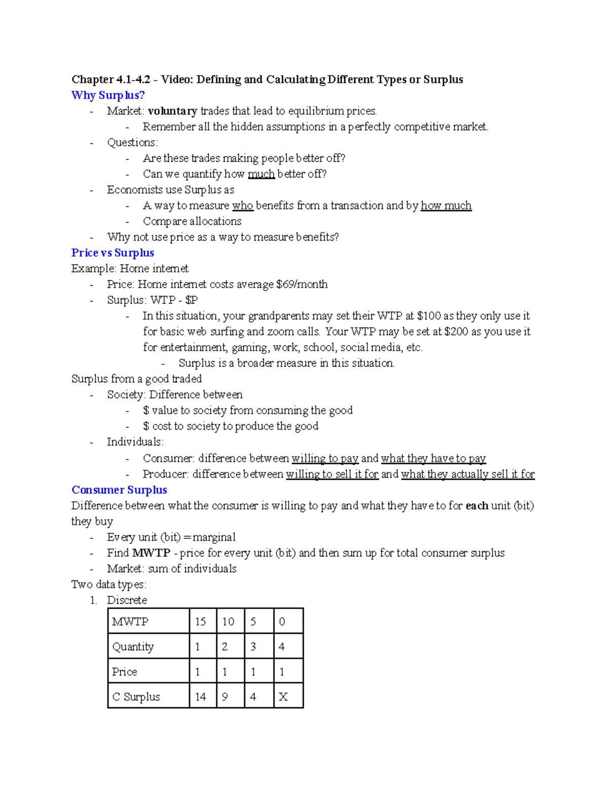 ECO101 W5 Module Notes - Covers consumer surplus, producer surplus ...