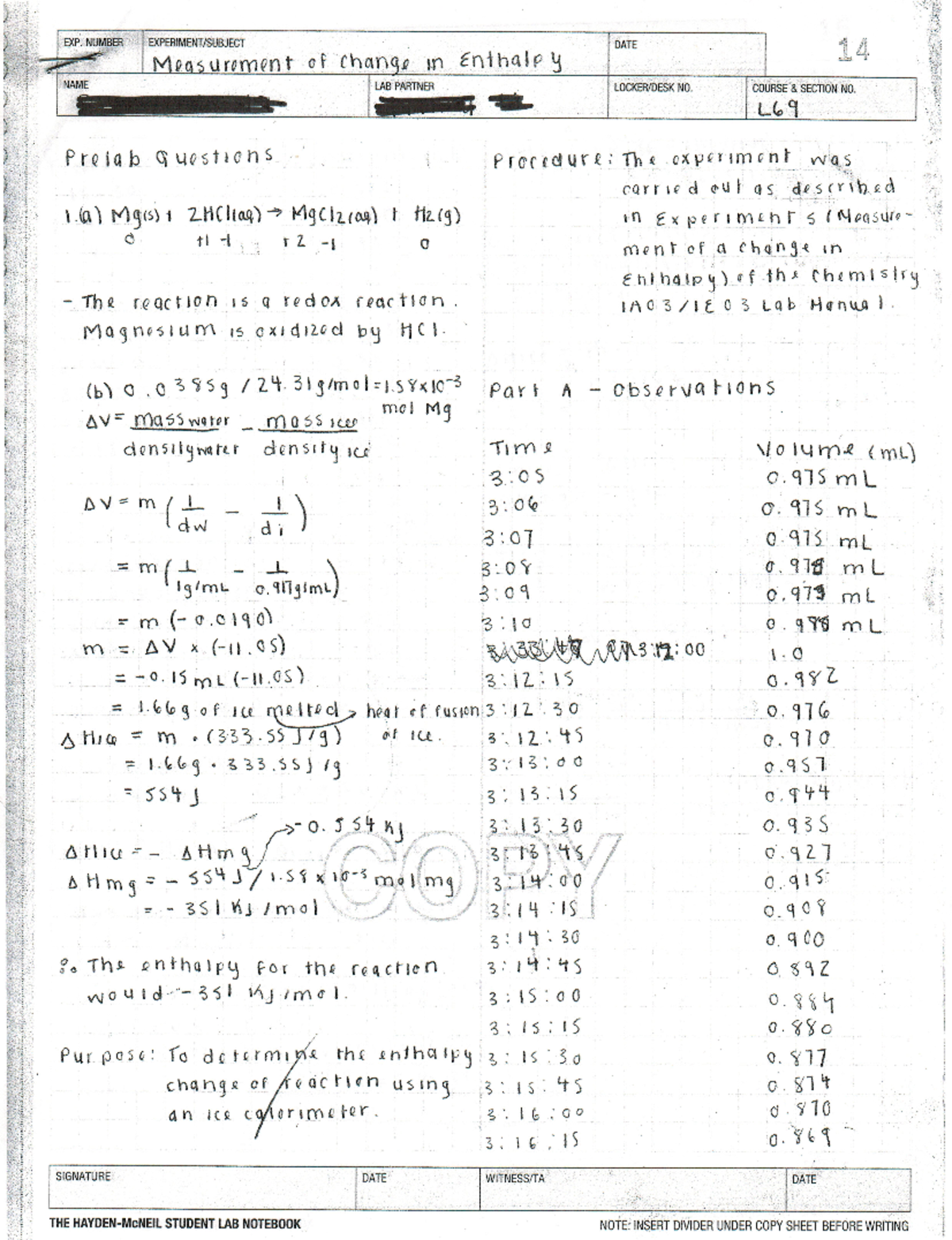 Chemistry 1A03 Measurement of Change in Enthalpy Lab - Chem 1A03 - Studocu
