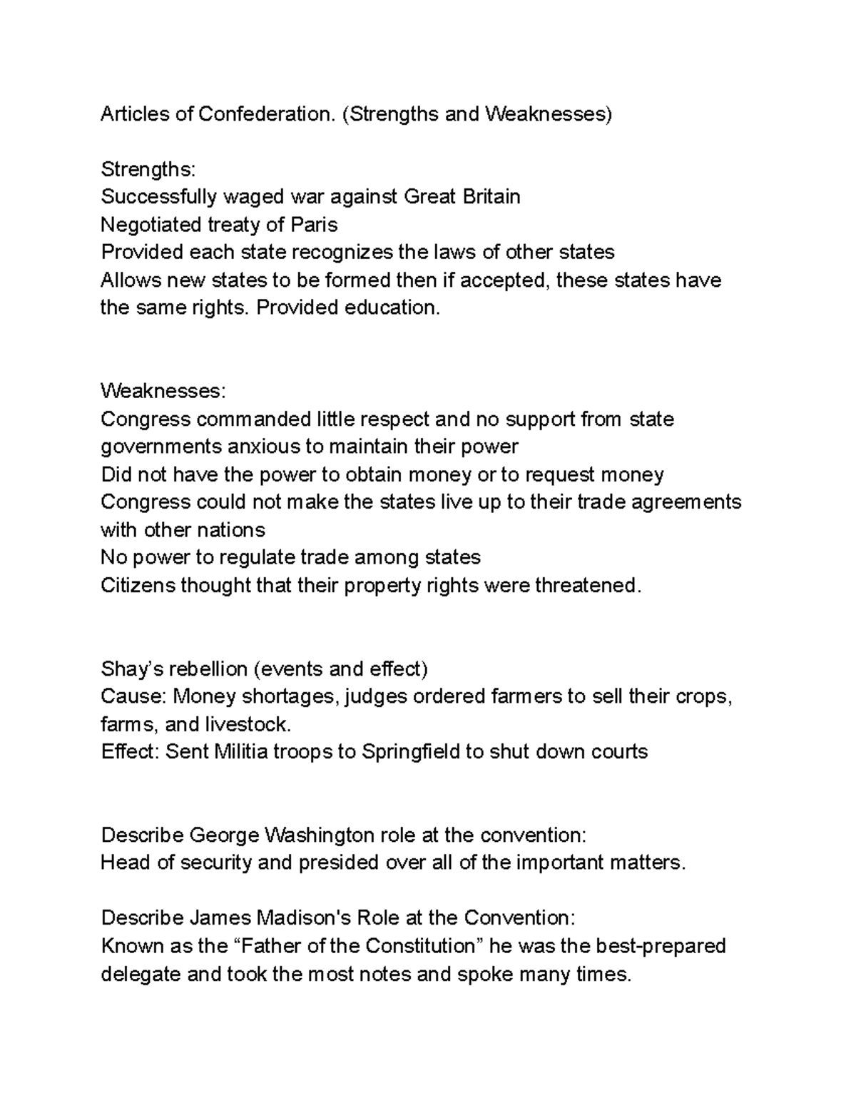 Social Studies Study Guide - Articles of Confederation. (Strengths and ...