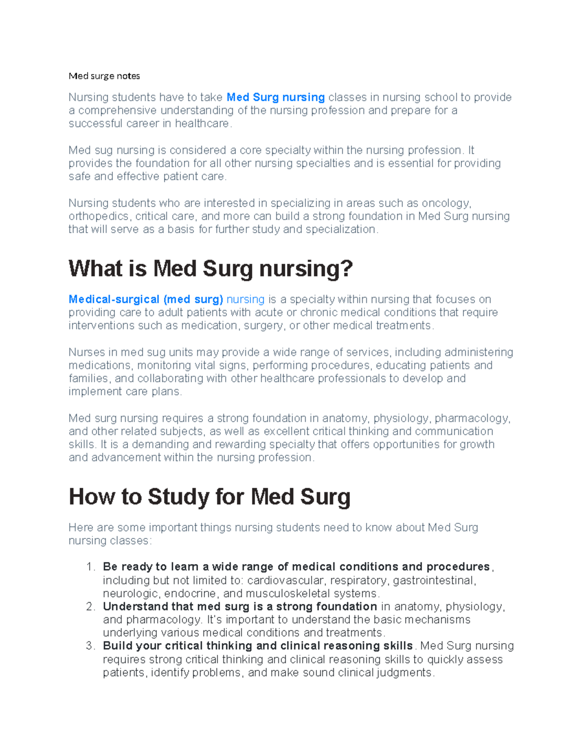 Med surge note1 - Med surge notes Nursing students have to take Med ...