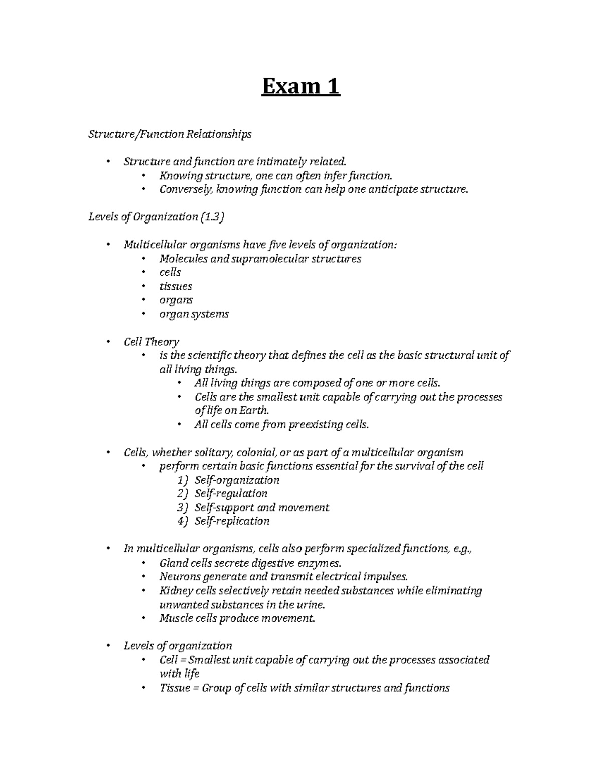 Exam 1 Notes - Exam 1 Structure/Function Relationships Structure and ...