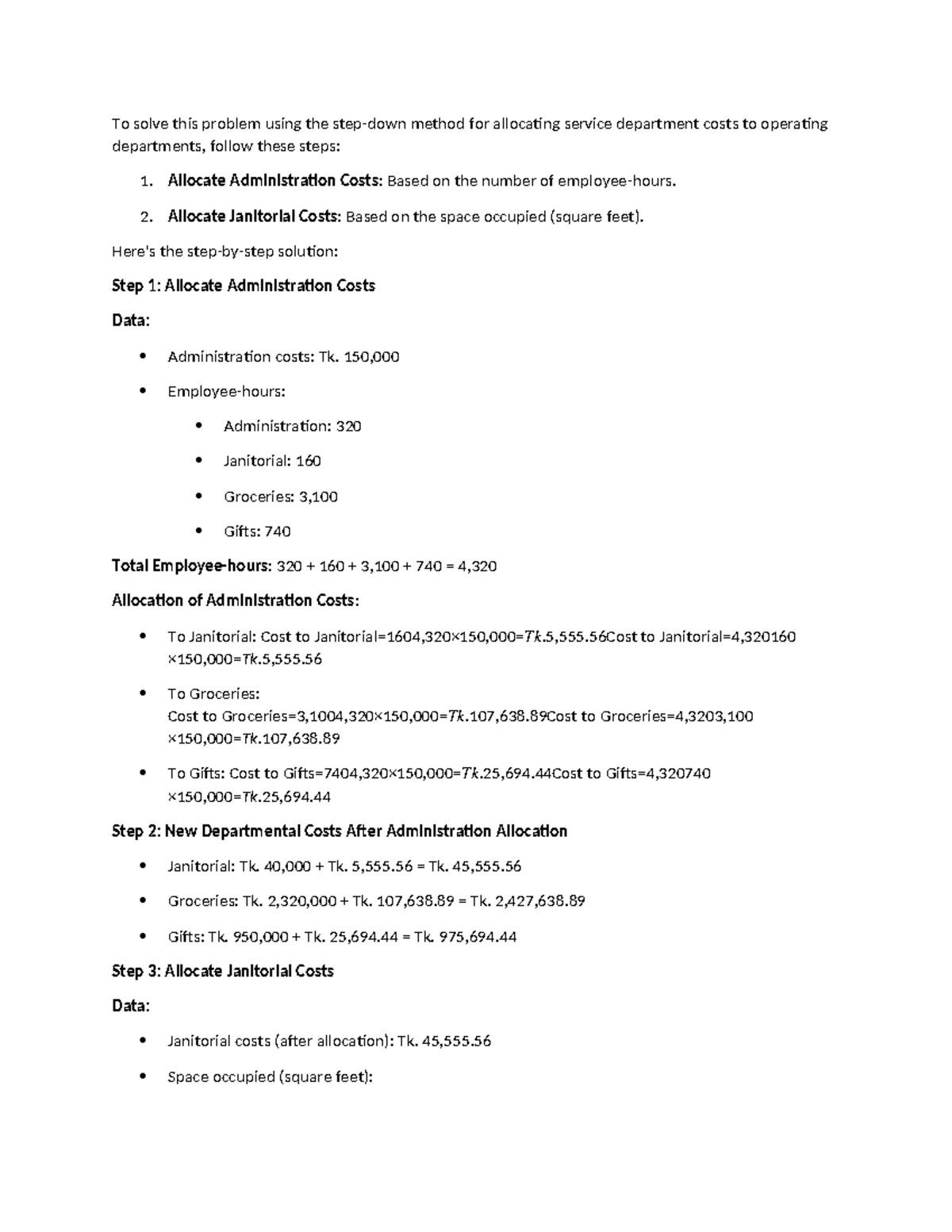 Cost allocation - math - To solve this problem using the step-down ...