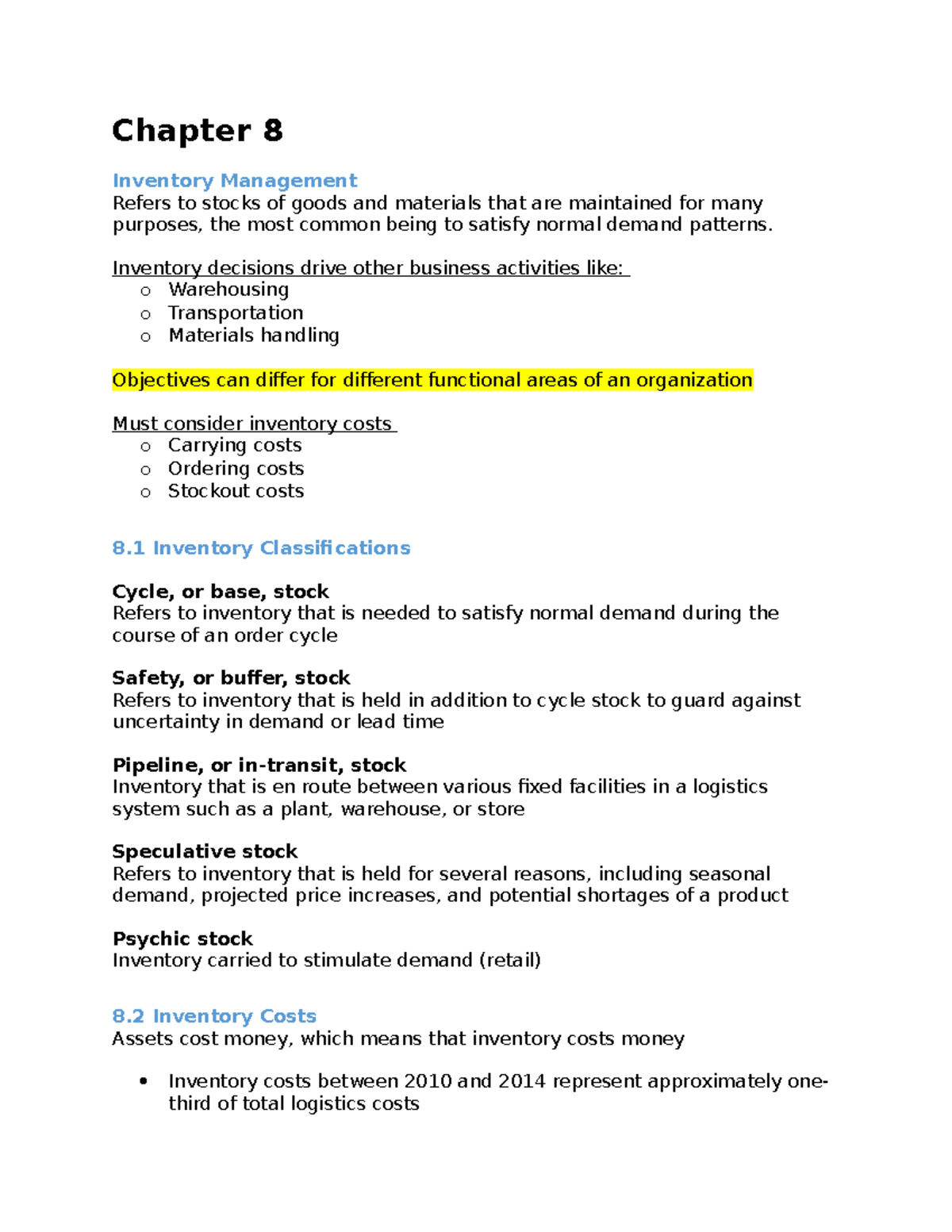Chapter 8 - Lecture notes 4 - Chapter 8 Inventory Management Refers to ...
