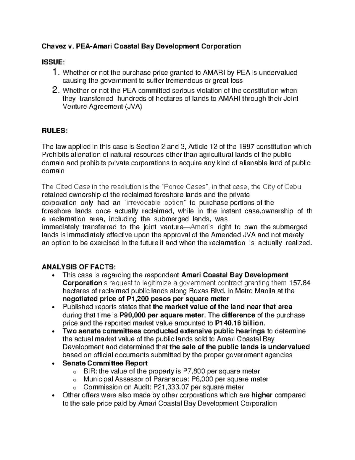 Narrative Case Digest Chavez v. PEA-Amari - Chavez v. PEA-Amari Coastal ...