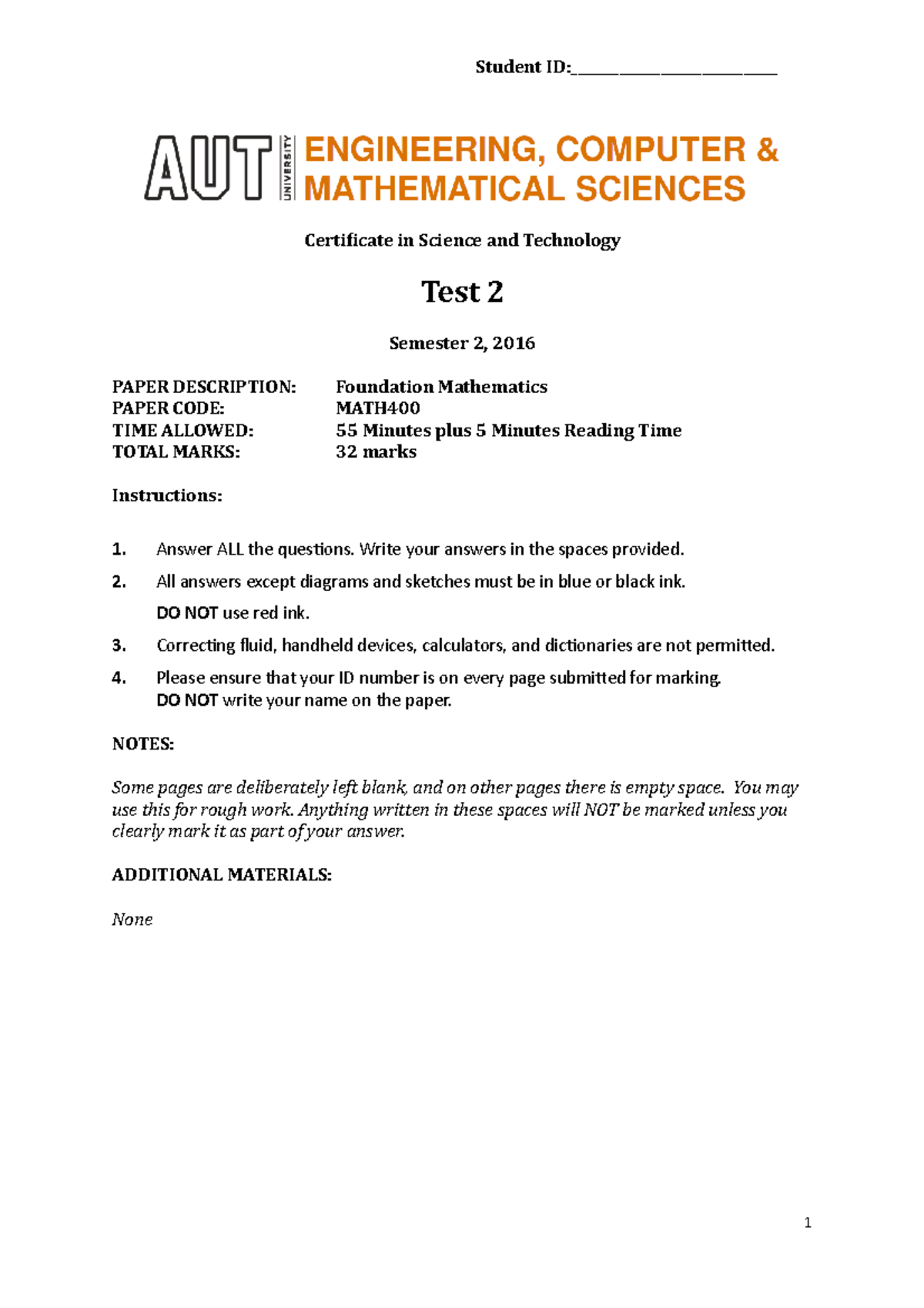 Test 2 2016 s2, questions and answers - Certificate in Science and ...