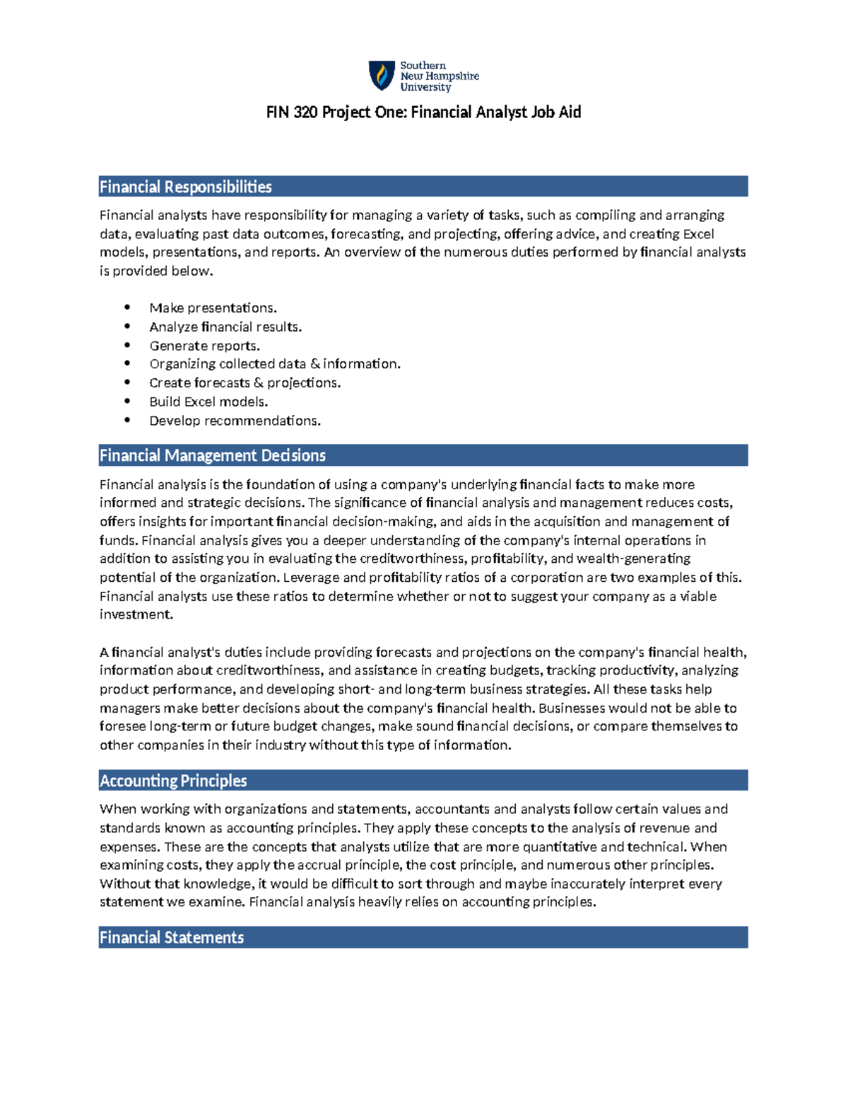 FIN 320 Project One Financial Analyst Job Aid - An overview of the ...