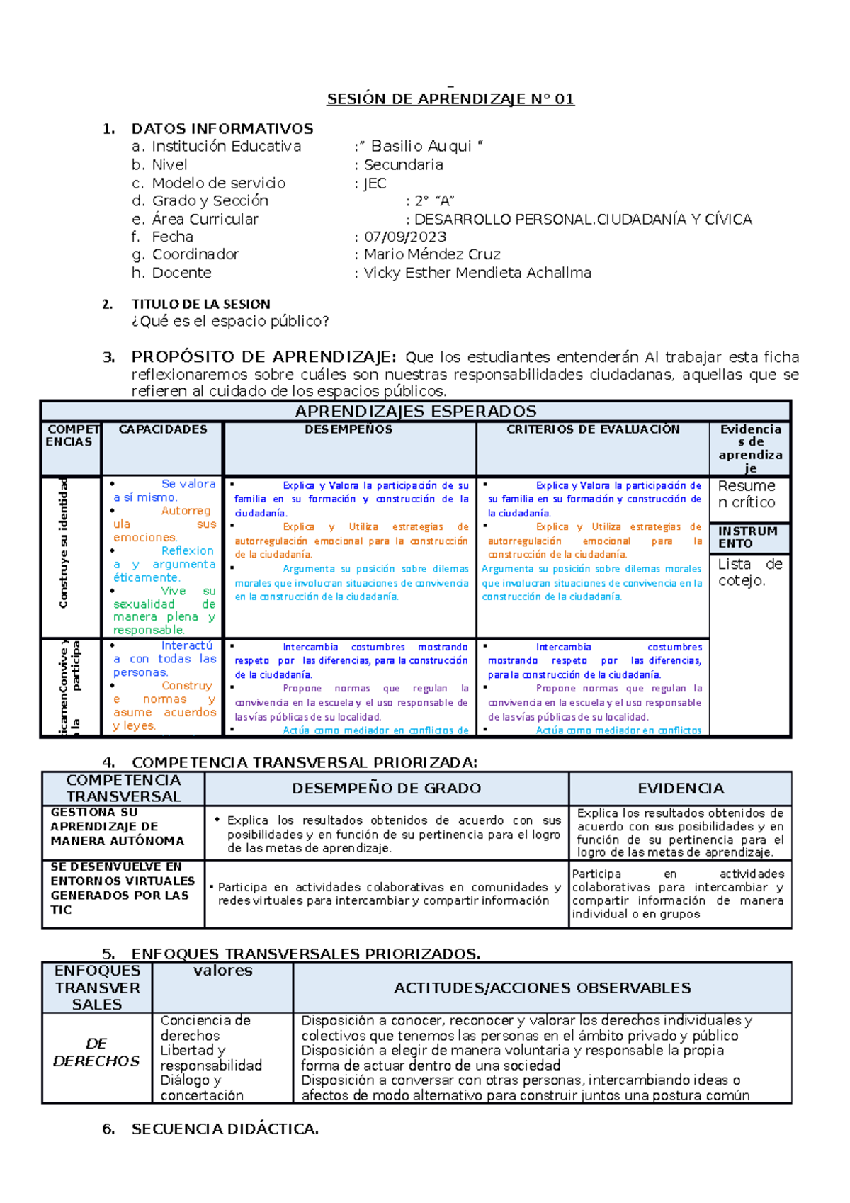 2° vía pública 1-U6 - curso de DPCC - SESIÓN DE APRENDIZAJE N° 01 1 ...