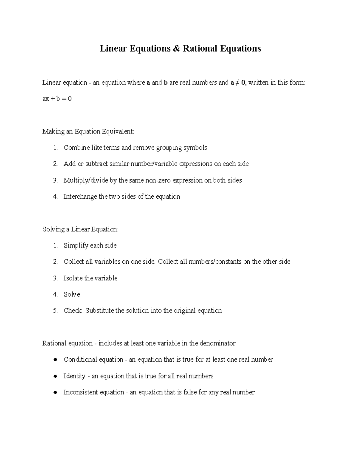 Linear Equations and Rational Equations - Linear Equations & Rational ...