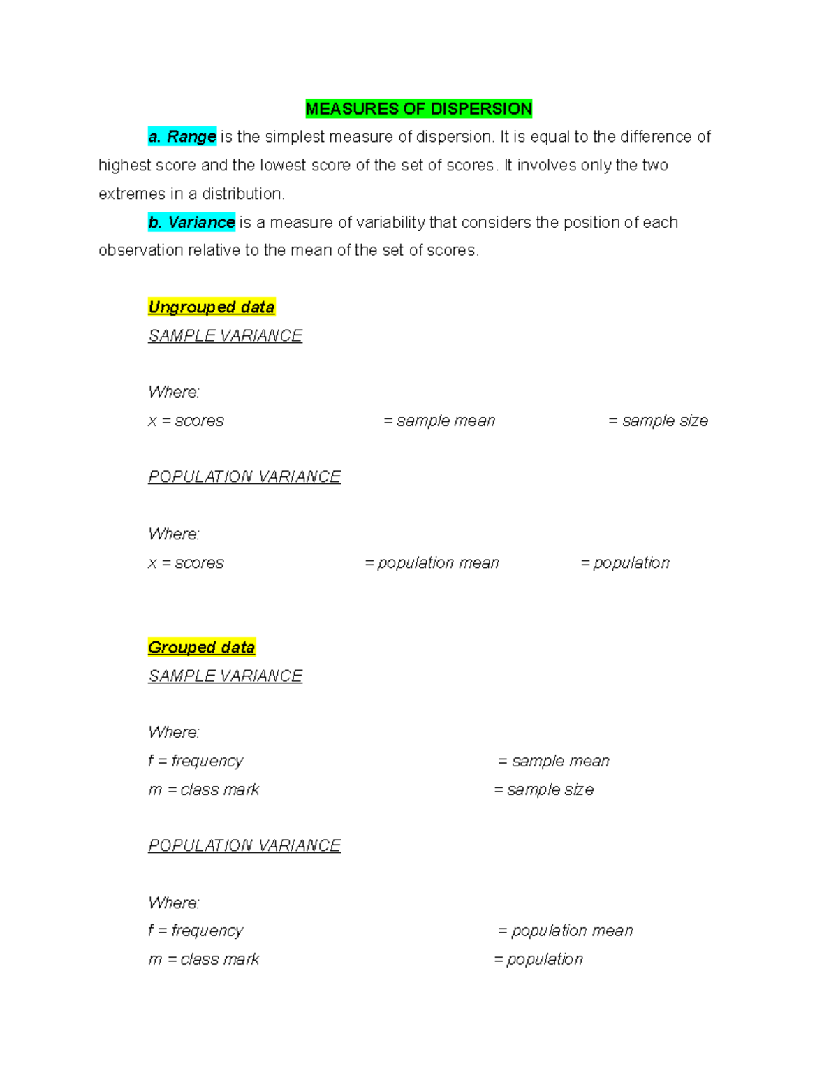 Measure of Dispersion - Lecture notes 3 - MEASURES OF DISPERSION a ...