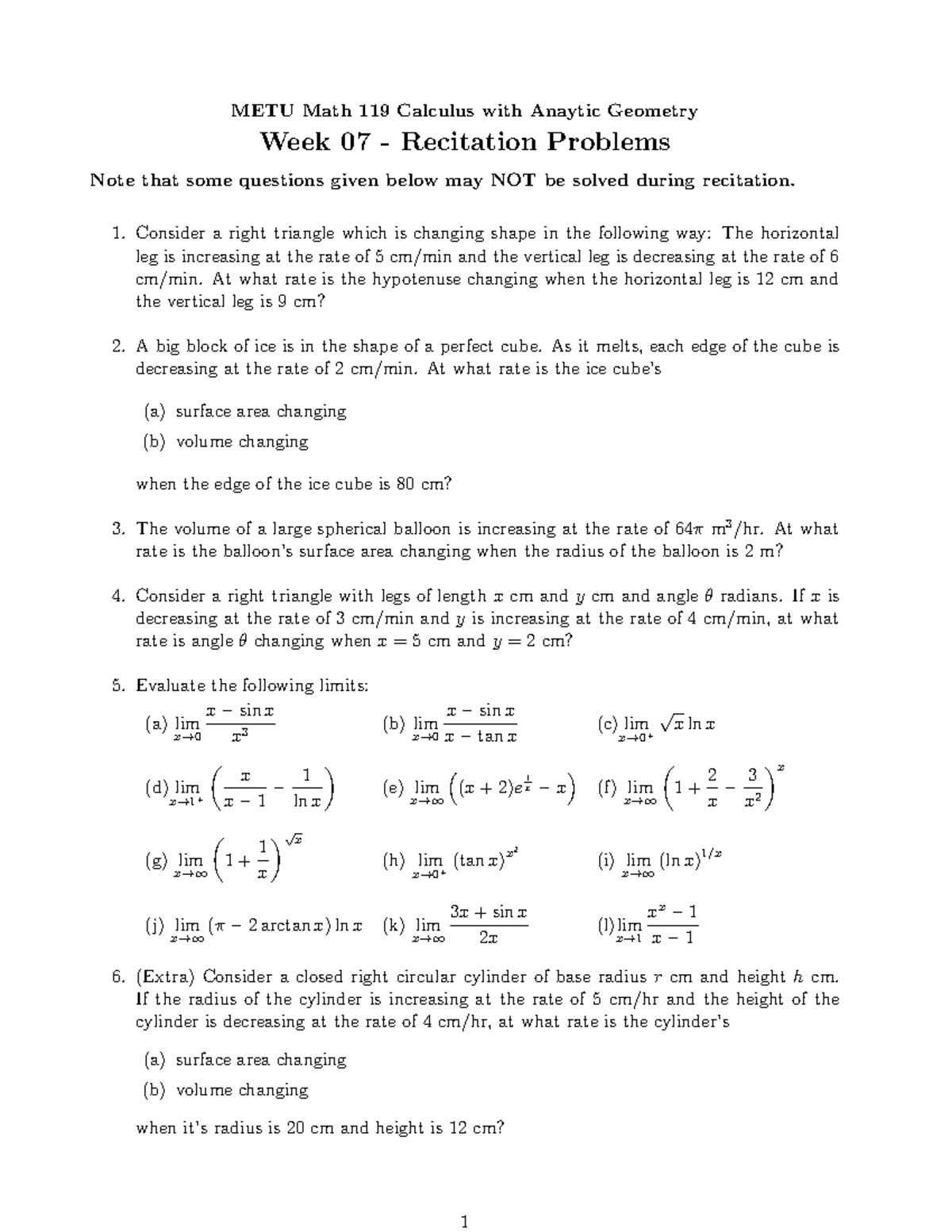 Math 119 Recitation 7 240402 212525 - METU Math 119 Calculus with ...