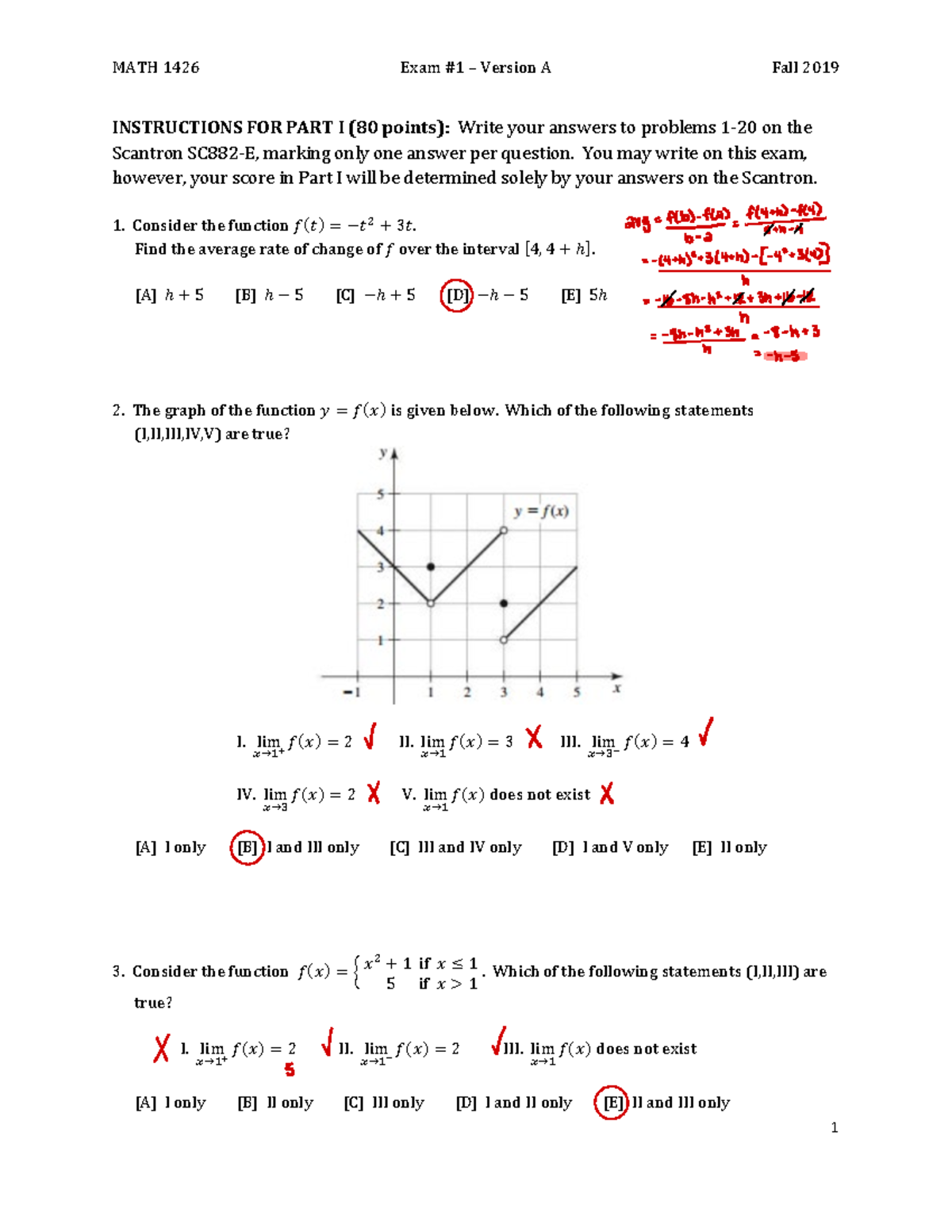 MATH 1426 Midterm 1 - MATH 1426 Exam #1 – Version A Fall 2019 ...
